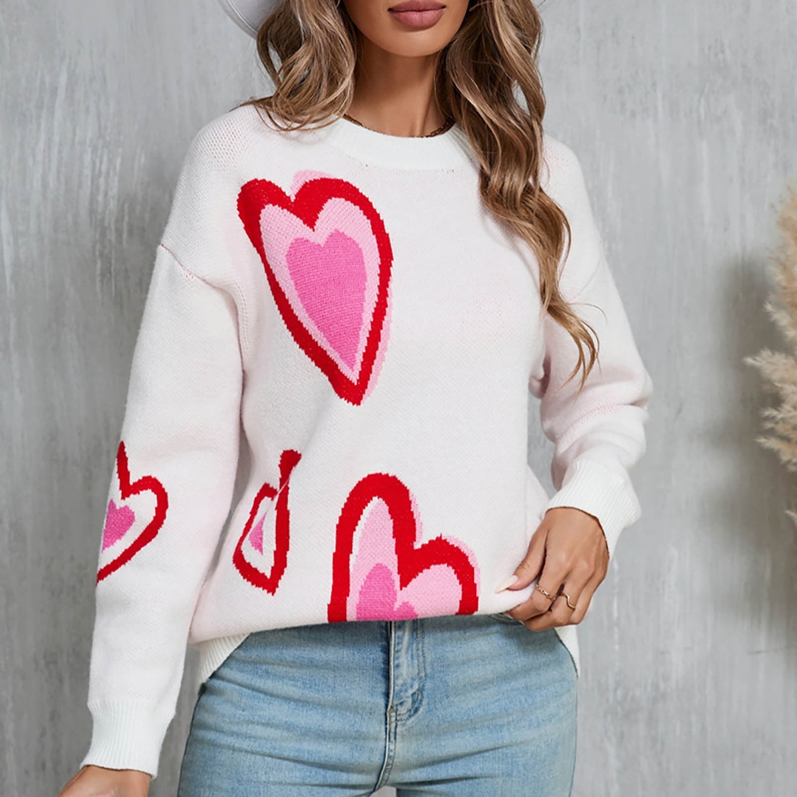 Wancir Women Heart Print Sweater Romantic Oversized Knitted Shirt ...