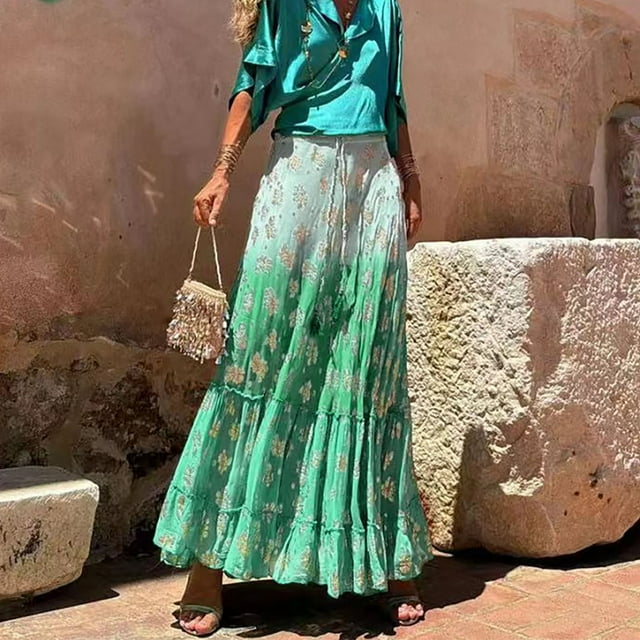 Wancir Women's Floral Skirts Chiffon A-line Long Tiered Ruffle Boho ...