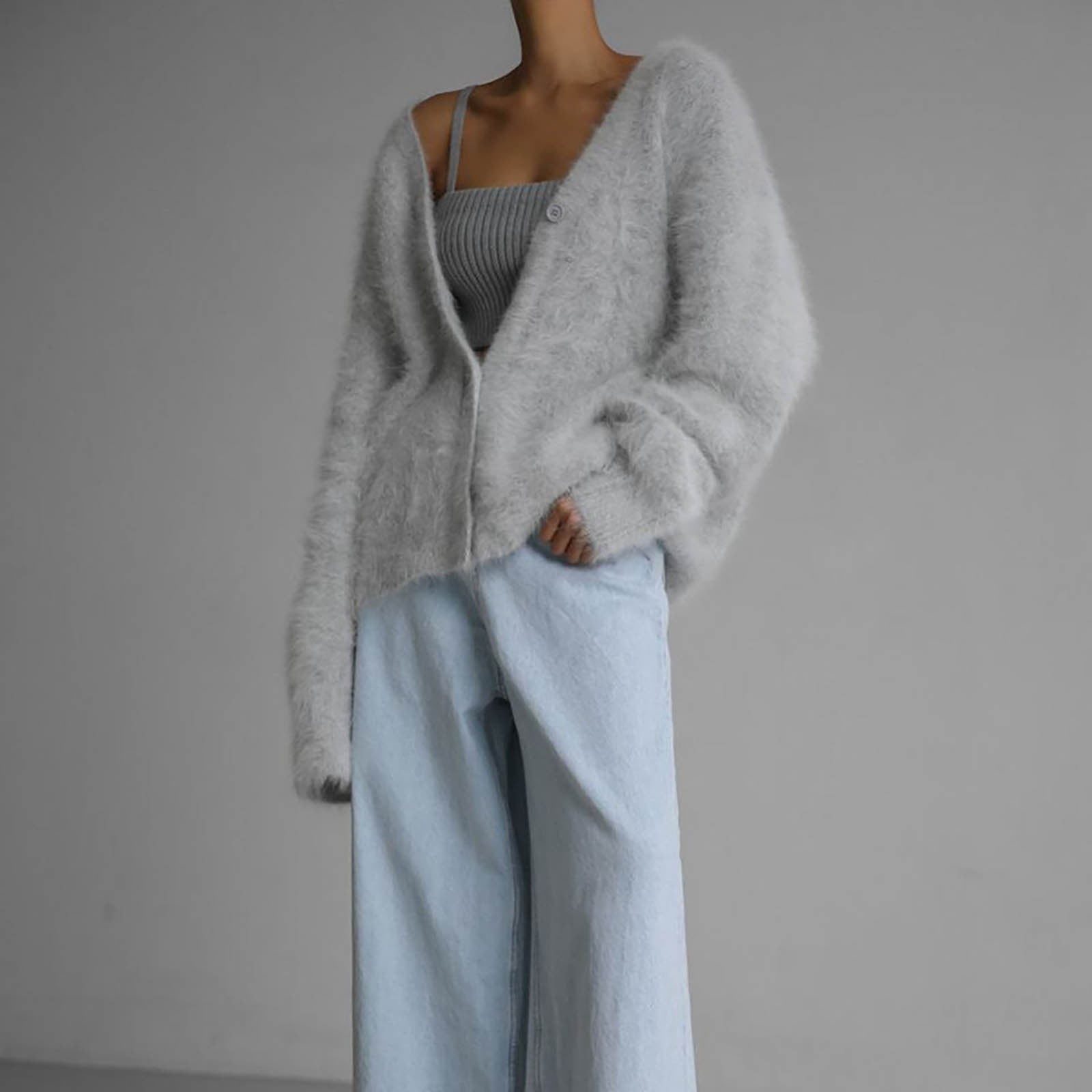 Wancir Women's Fuzzy Knit Cardigan Button Down Long Sleeve V Neck Furry ...