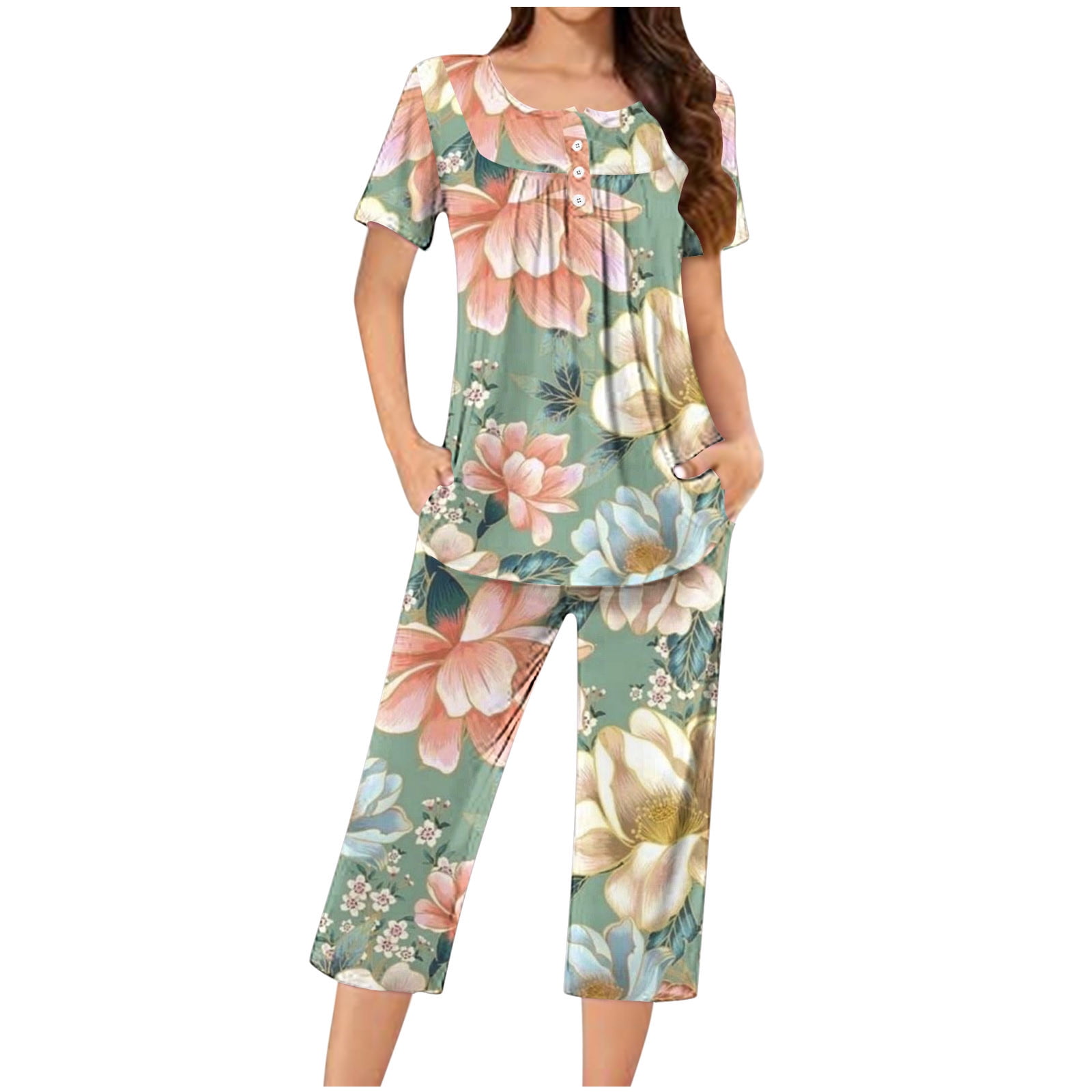 Wancir Womens Pajama Sets Soft Short Sleeve Tops with Comfy Loose Long ...