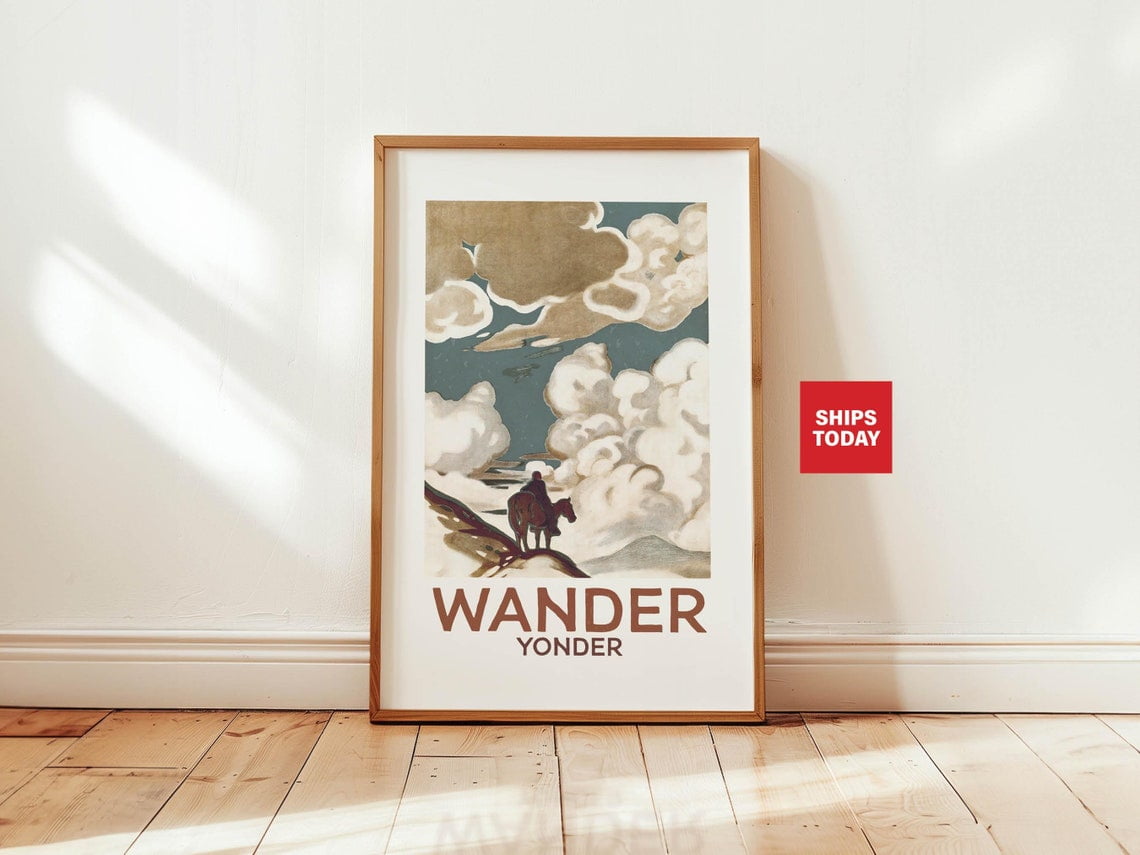 Wander Yonder Travel Print Retro Wanderlust Art Mountains Wall Art Western Travel Poster Gift ...