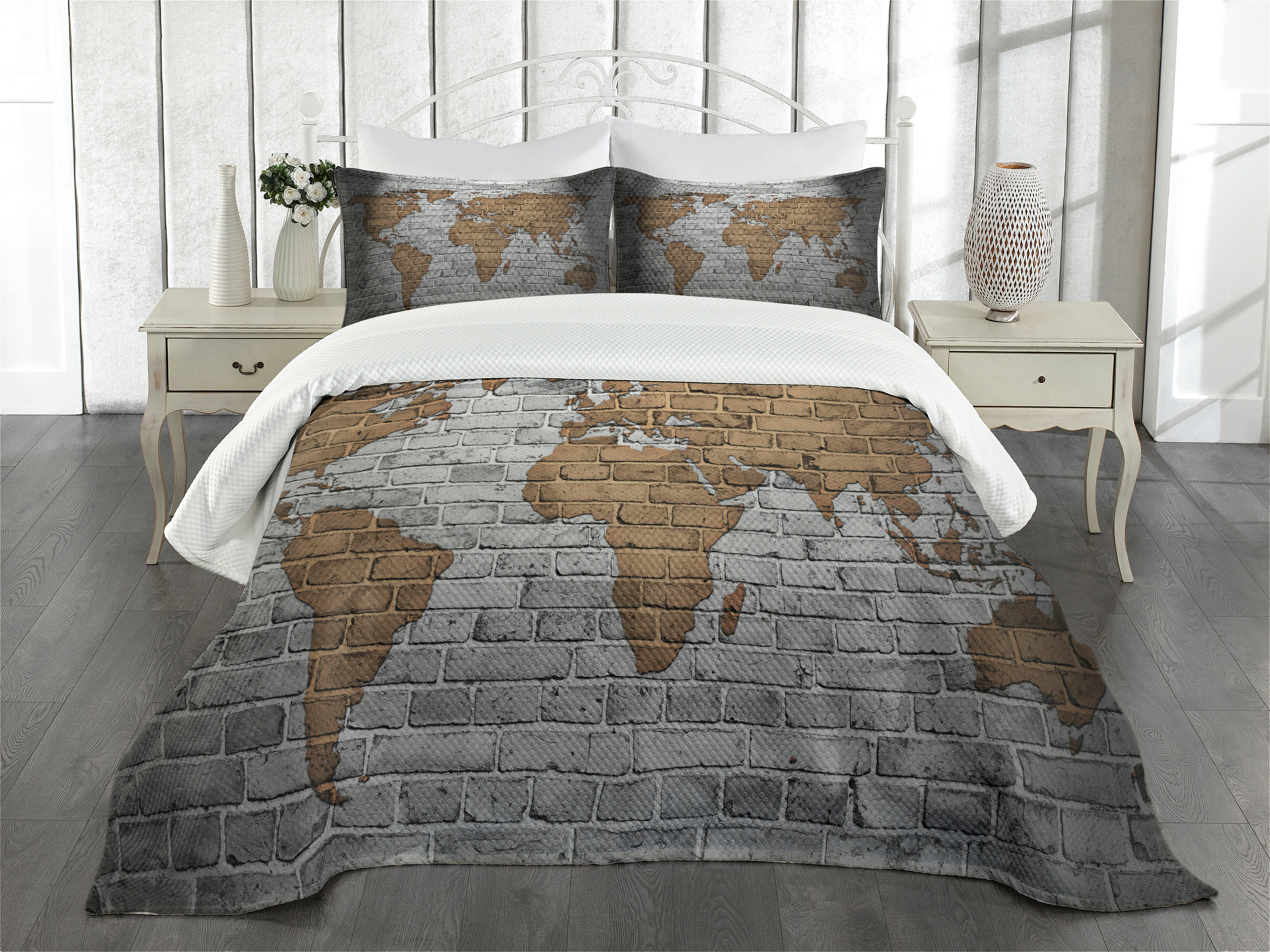 Wanderlust Bedspread, World Map on Old Brick Wall Countries Continents ...