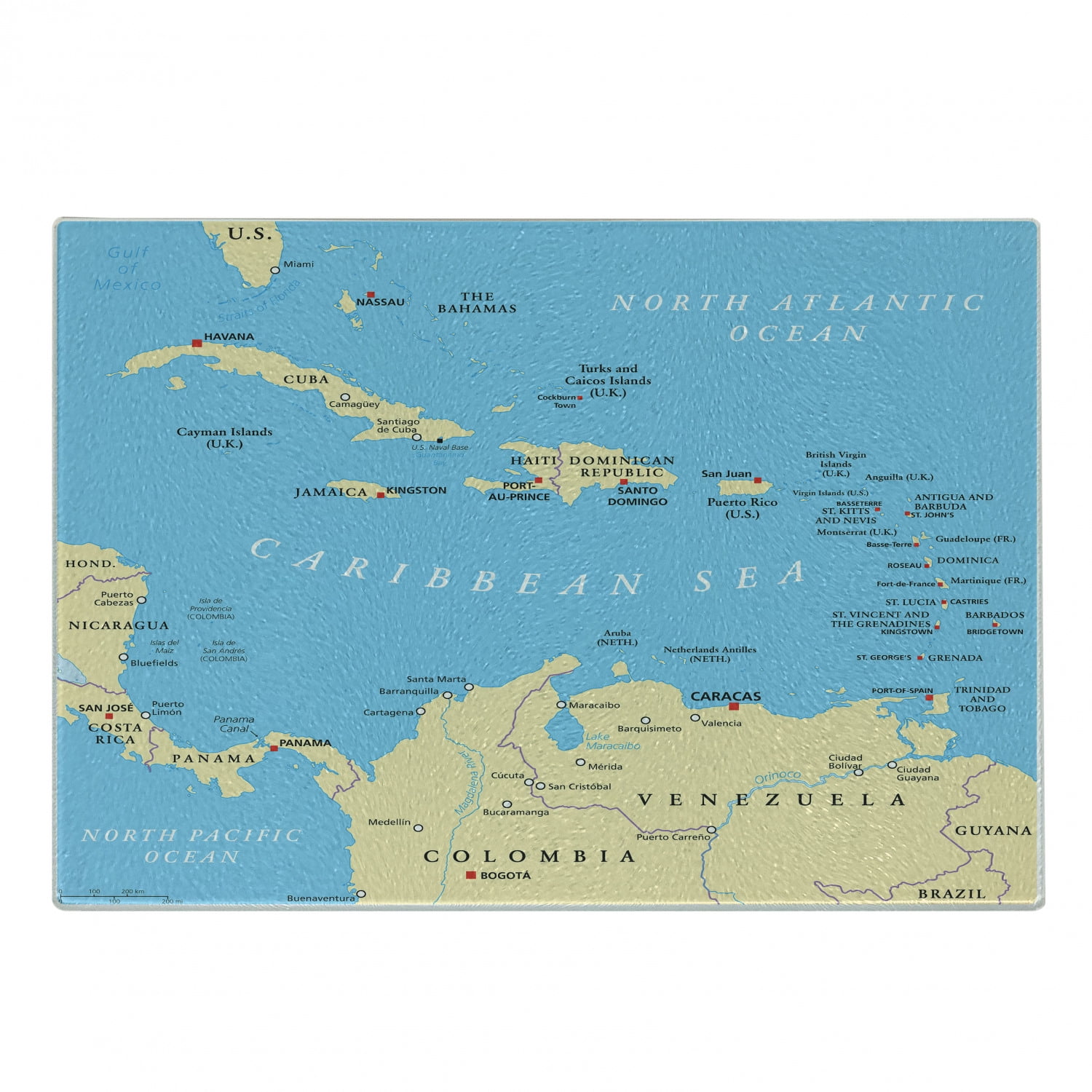 Wanderlust Cutting Board, Caribbean Political Map Capitals National ...