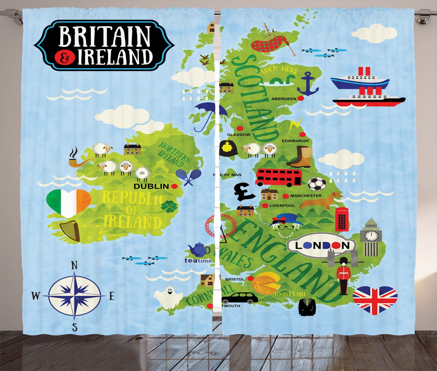 Ambesonne Cartoon Curtains 2 Panel Set, Maps of Britain Ireland, 108" x ...