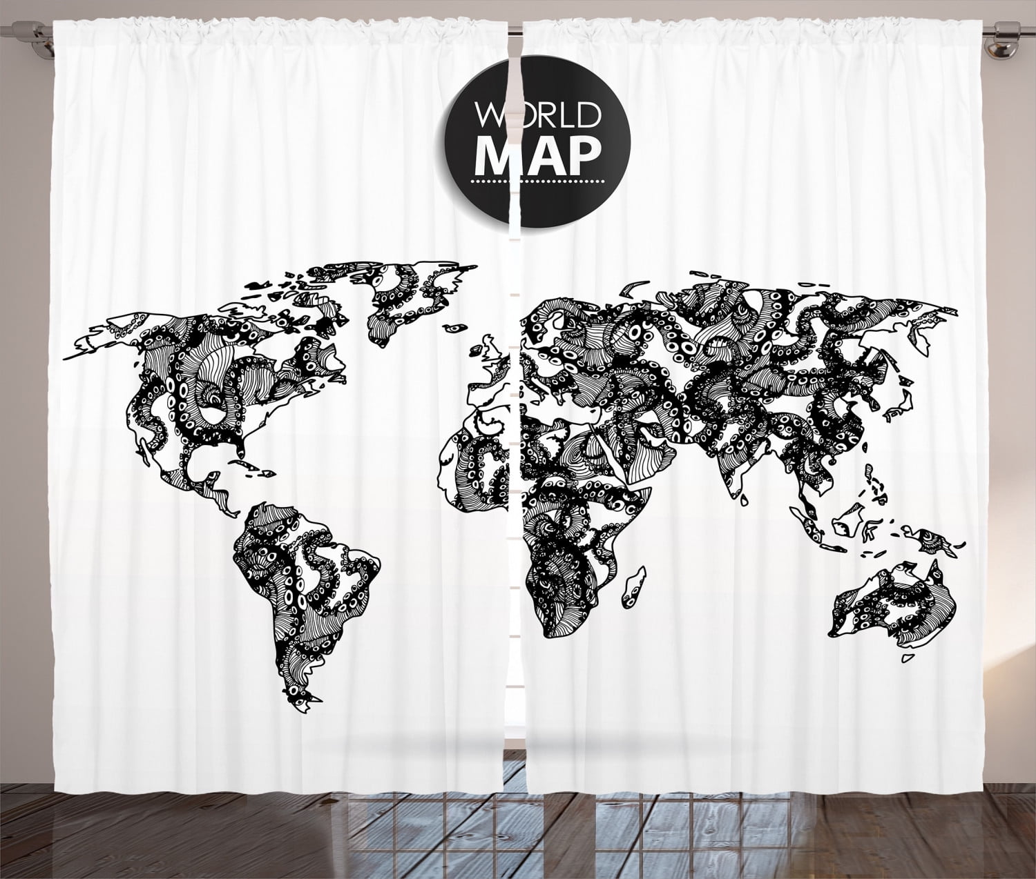 Ambesonne Black White Curtains 2 Panel Set, Octopus World Map, 108" x ...