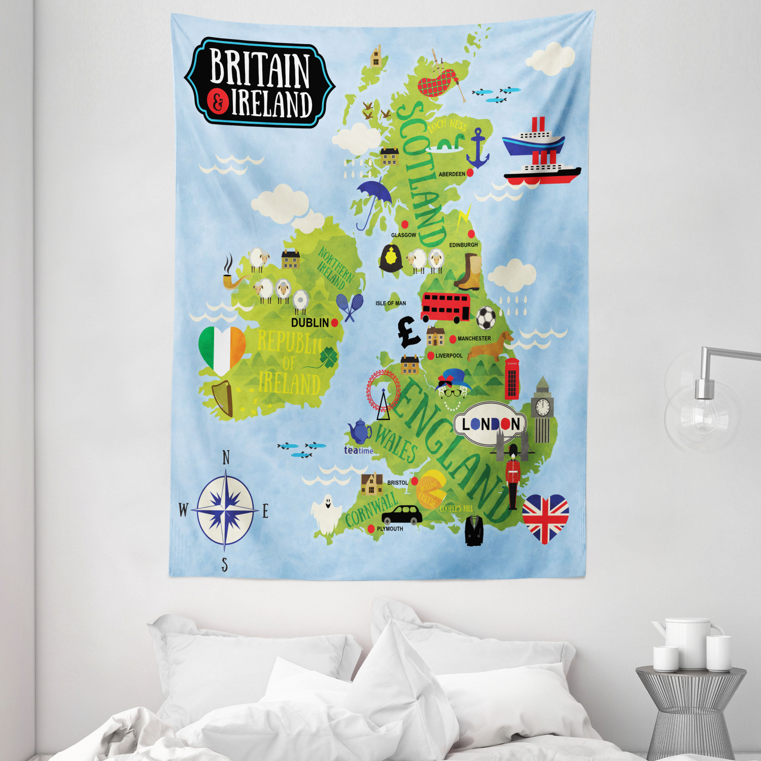 Wanderlust Decor Wall Hanging Tapestry, Cartoon Maps of Britain and ...