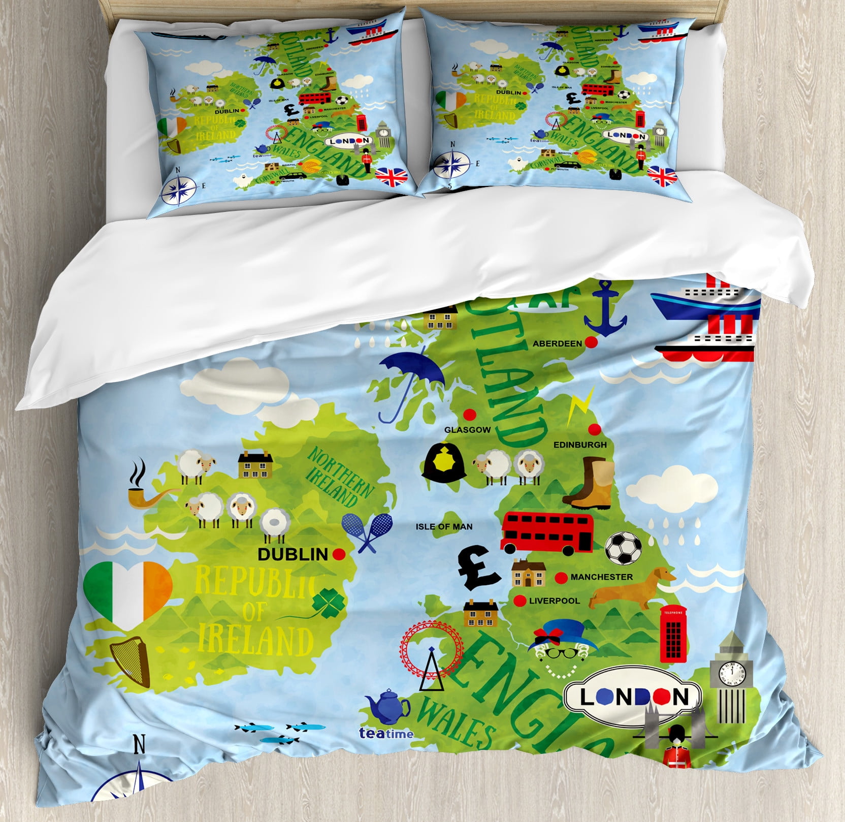 Wanderlust Duvet Cover Set, Cartoon Maps of Britain and Ireland ...
