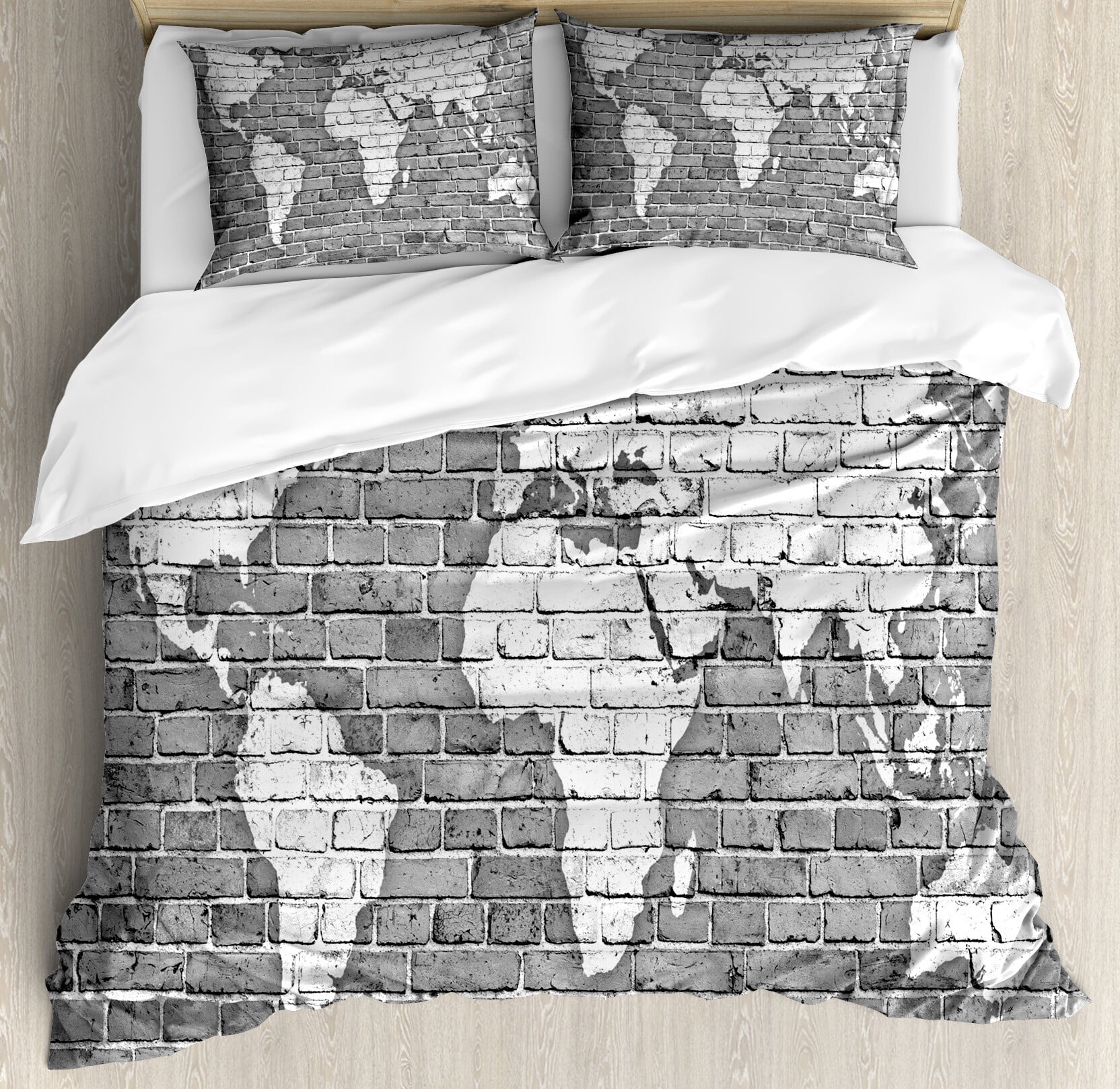 Wanderlust Duvet Cover Set, World Map on Old Brick Wall Construction ...