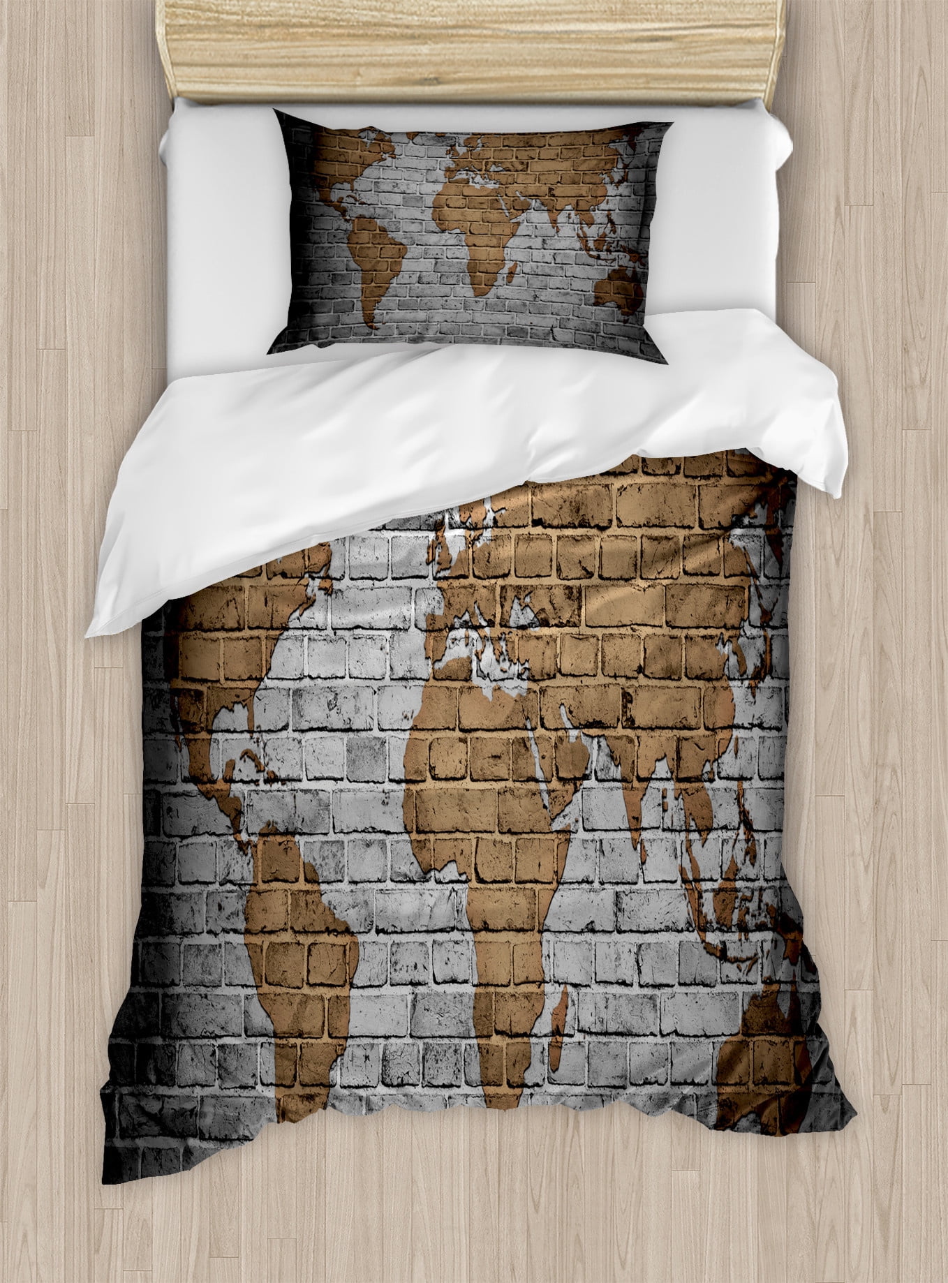 Wanderlust Duvet Cover Sets, World Map on Old Brick Wall Countries ...