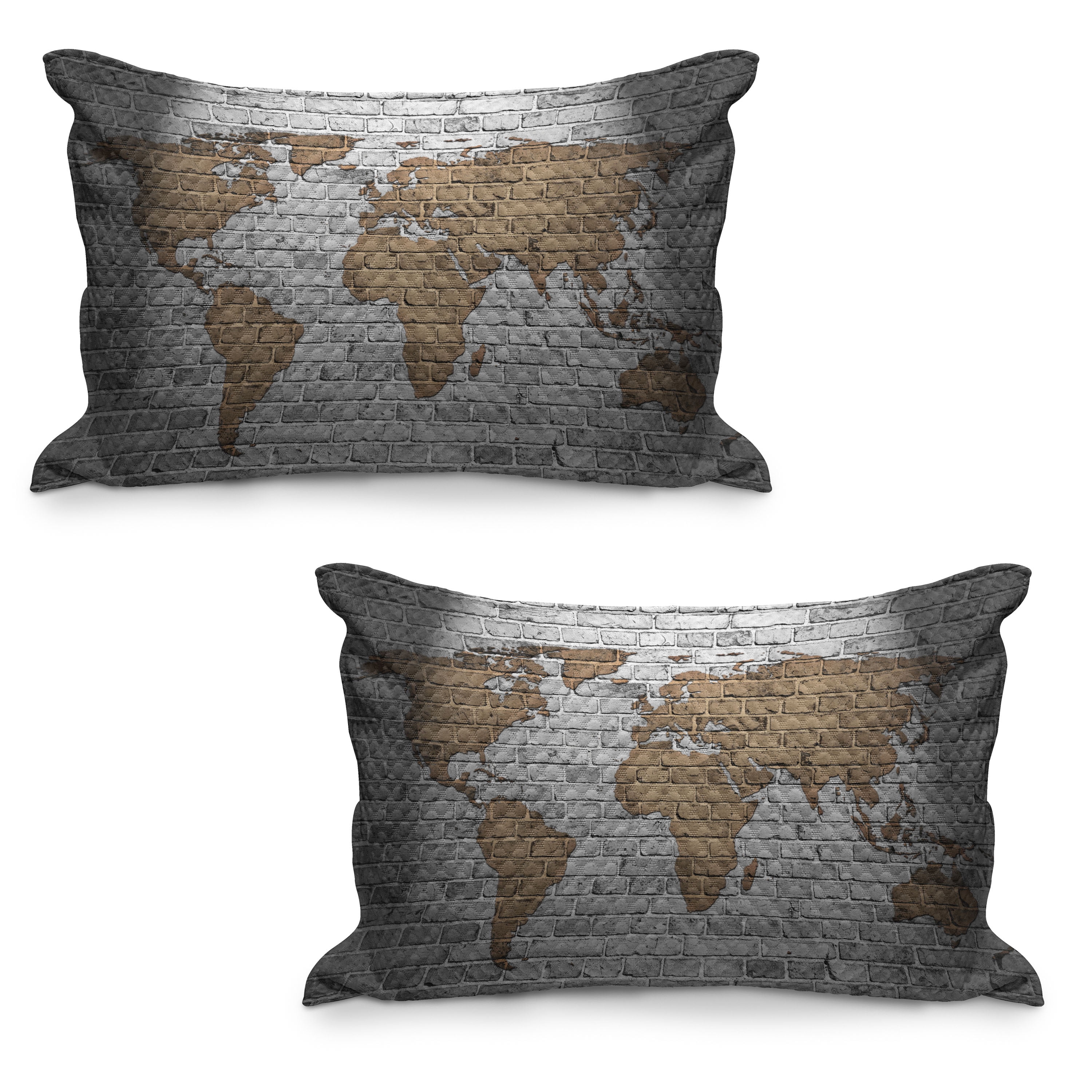 Wanderlust Quilted Pillowcover Set of 2, World Map on Old Brick Wall ...