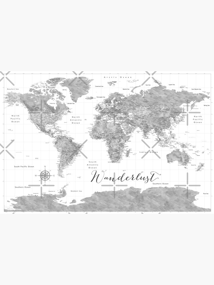 Wanderlust gray watercolor world map with cities and Antarctica, Jimmy ...