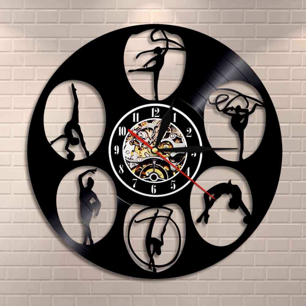 Wandklok Gymnastics Wall Clock Gymnastics Girls Silhouettes Wall Art ...