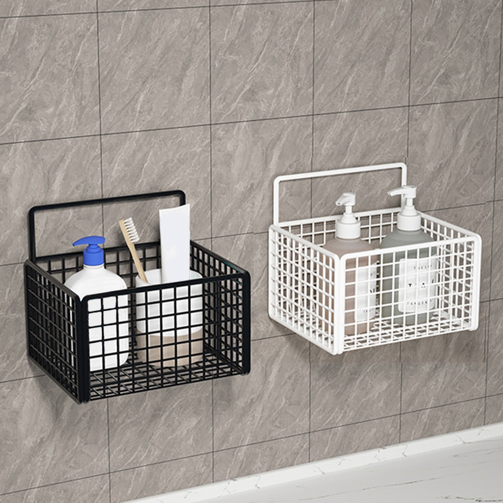 Wanfds Wall Mounted Storage Basket with 2 Hooks, No Drilling Metal Wire ...