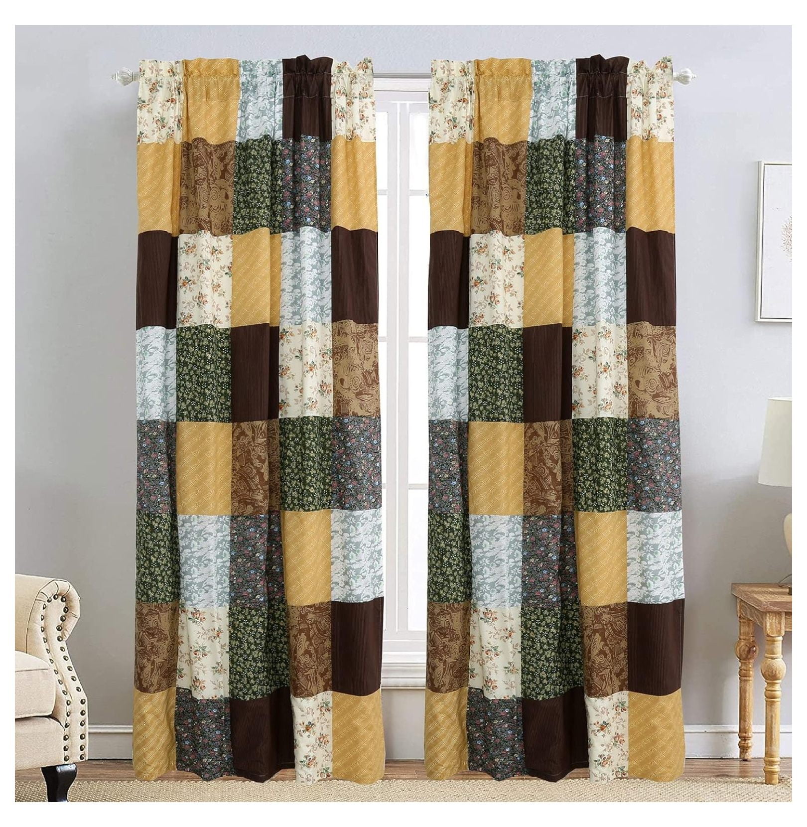 Wang Lin Jun Andy Brown Olive Mustard Yellow Farmhouse Country Patchwork Window Curtains with ...
