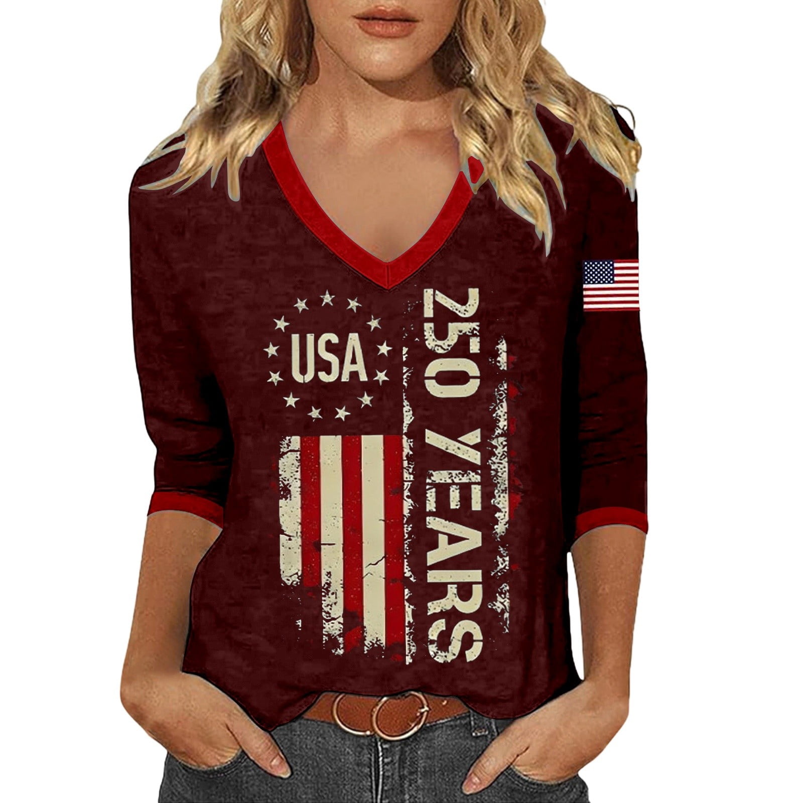 Wang6 Womens 250th Anniversary USA 3/4 Sleeve Tshirts V Neck 1776-2026 ...