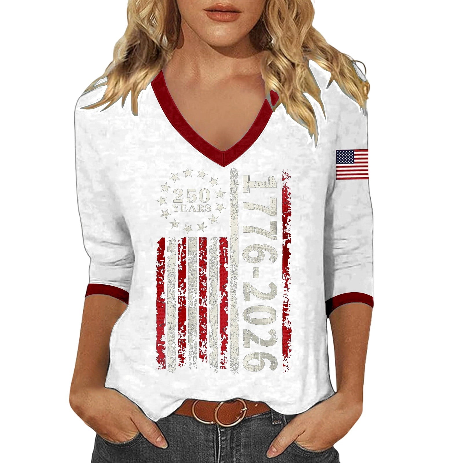 Wang6 Womens 250th Anniversary USA 3/4 Sleeve Tshirts V Neck 1776-2026 ...