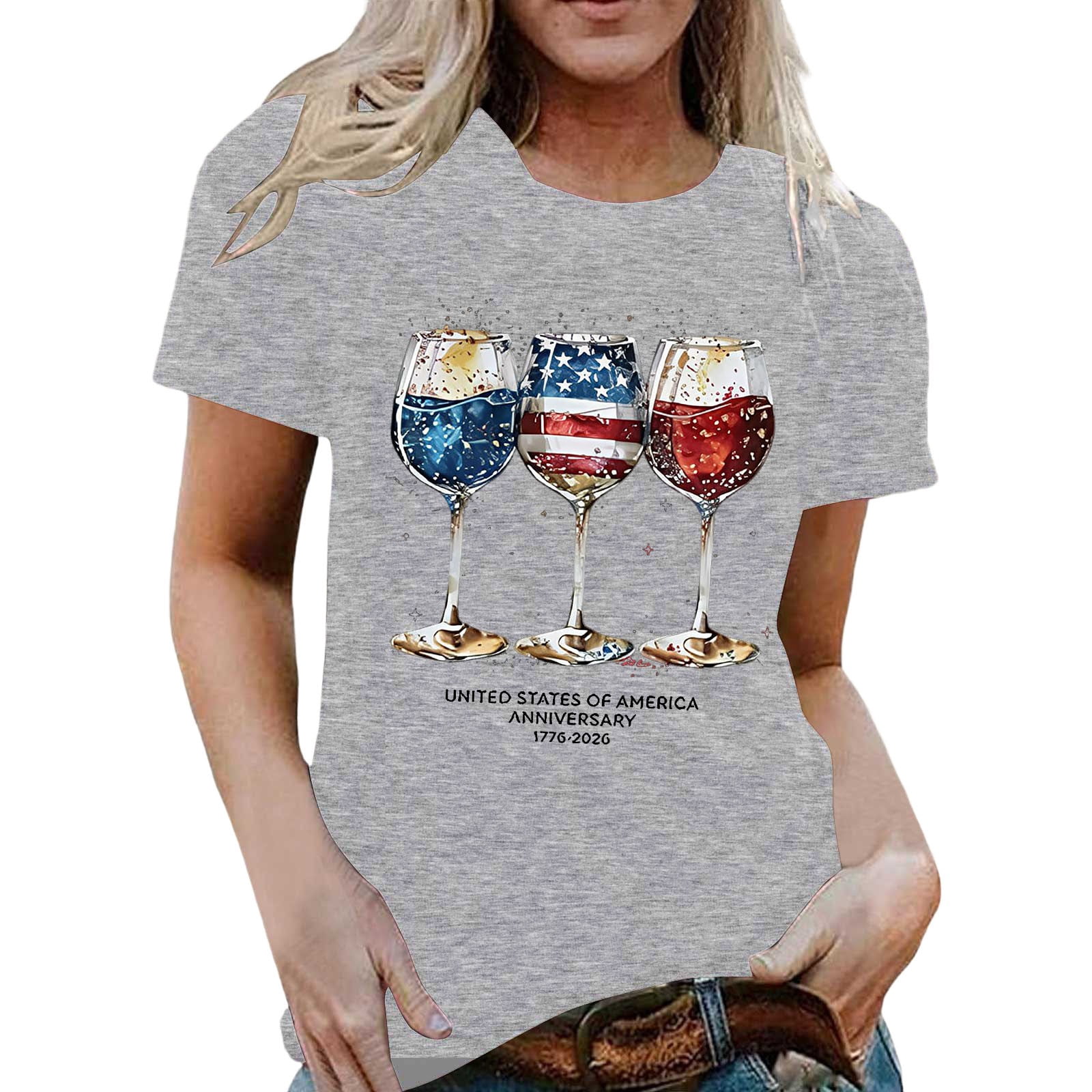 Wang6 Womens 250th Anniversary USA Shirts 1776-2026 Letter Wine Glass ...