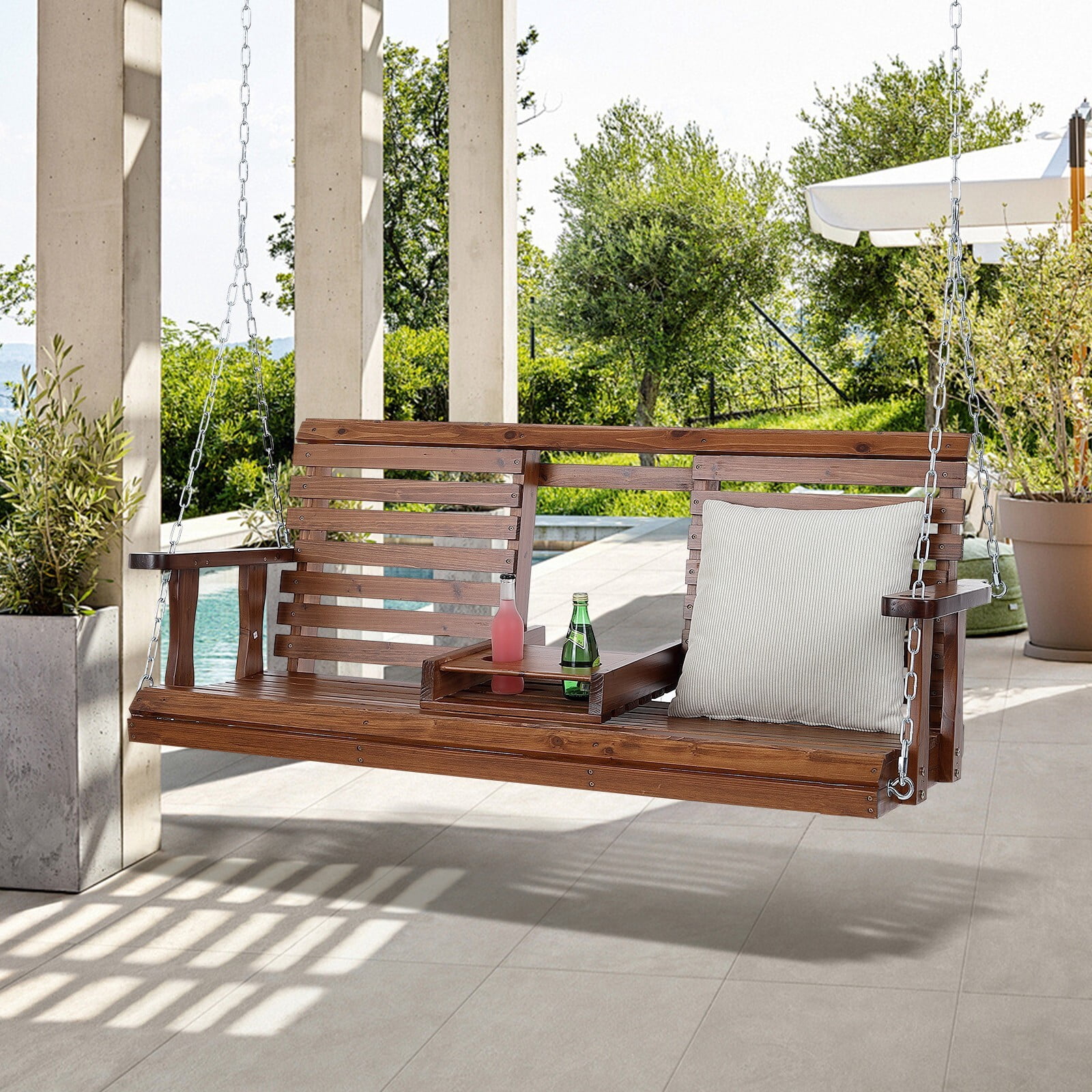 Wangbujianwang Upgraded Patio Wooden Porch Swing for Courtyard & Garden ...