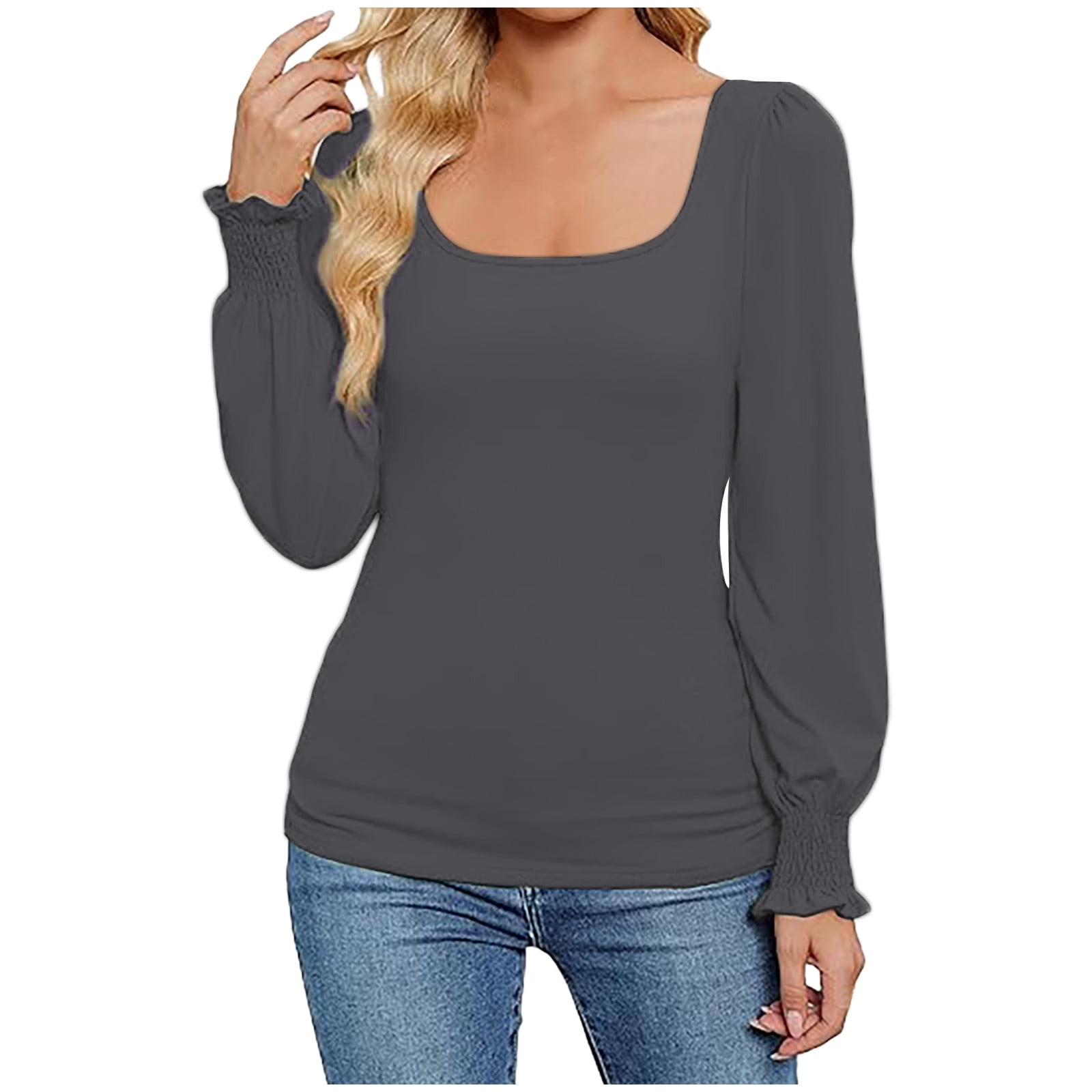 Wangmeiwg 2024 Women's New Square Neck Striped Puffed Sleeve Long ...