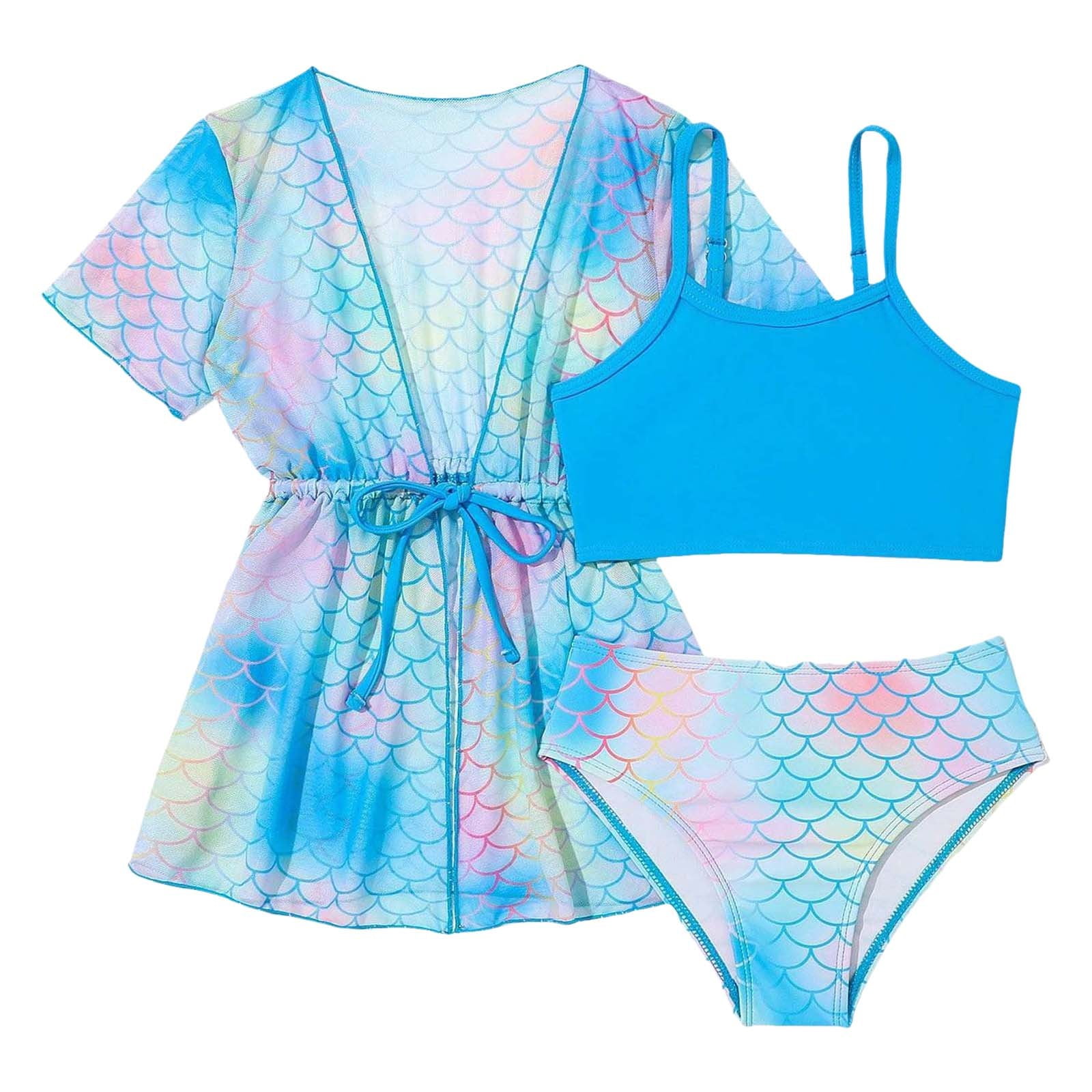Wangmeiwg New Girls Blue Pi Obre Fish Scale 3 Piece Bikini Set Haaiian ...
