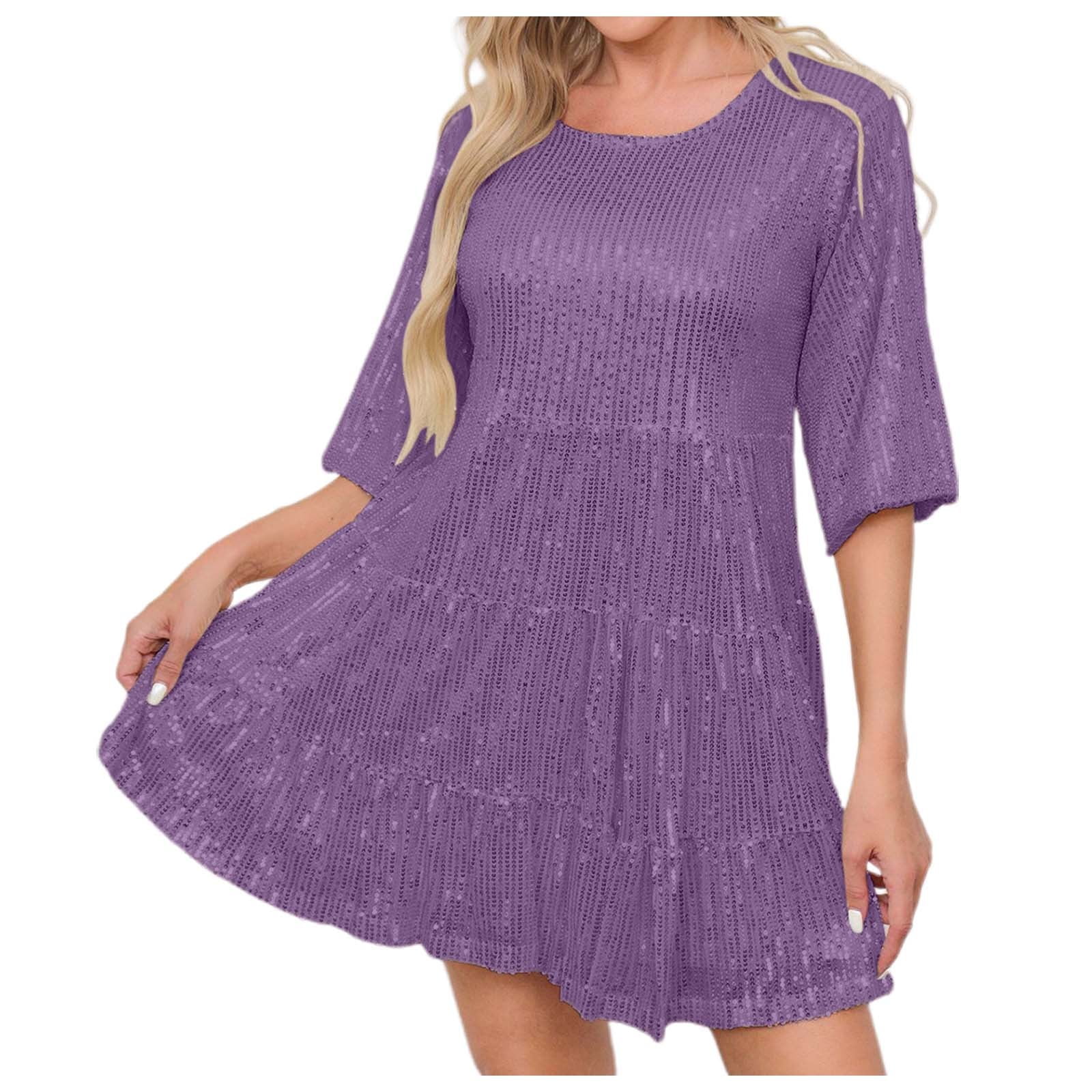 Wangmeiwg Sparkling Sequined Short Sleeve Loose Waist Mini Dress ...