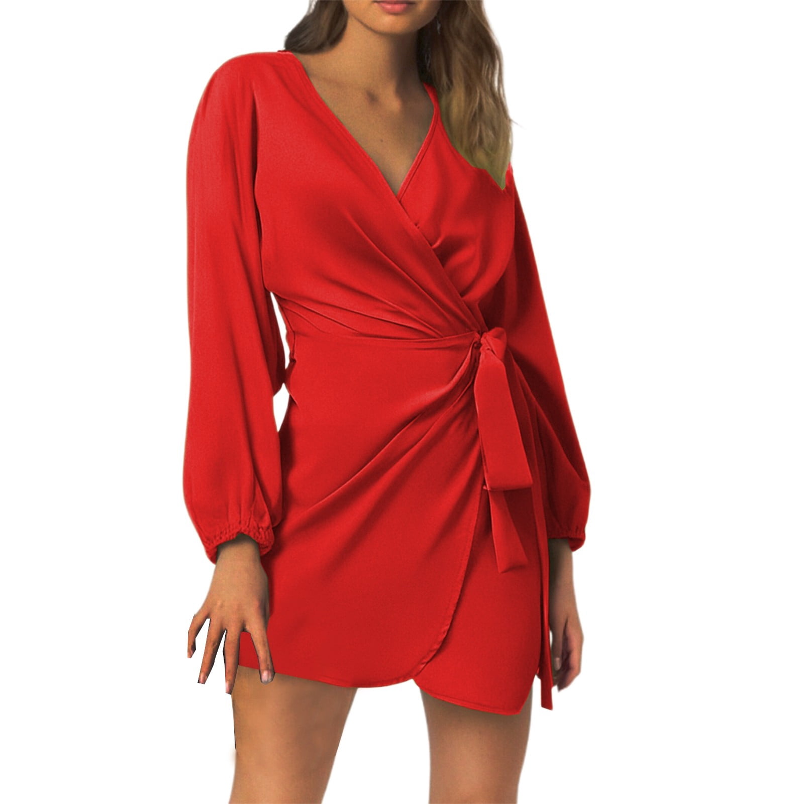 Wangmeiwg Women's Elegant V Neck Satin Dress With Waist And Low Cut ...