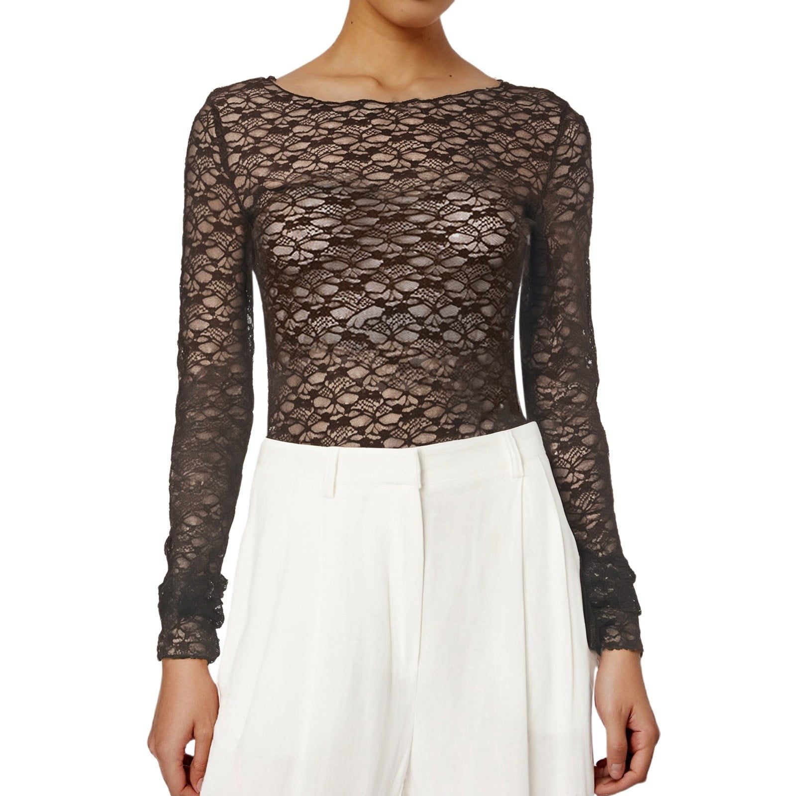 Wangmeiwg Women's Lace Long Sleeve Sexy Sheer Shirt Floral Pattern Mesh ...