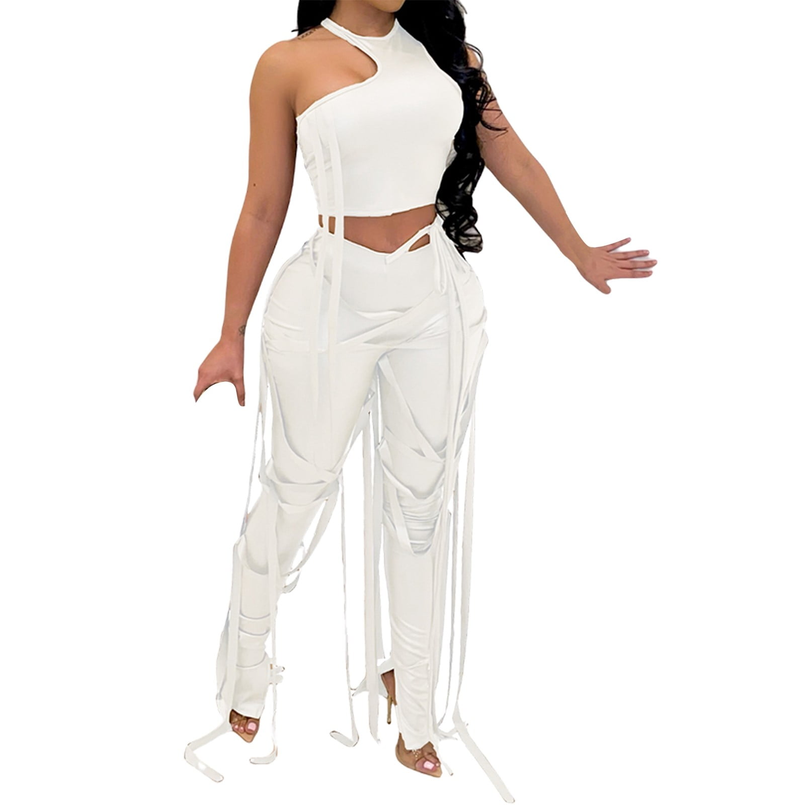 Wangmeiwg Women's Sexy Two Piece Tank Top Suspender Suit Leather Pants ...