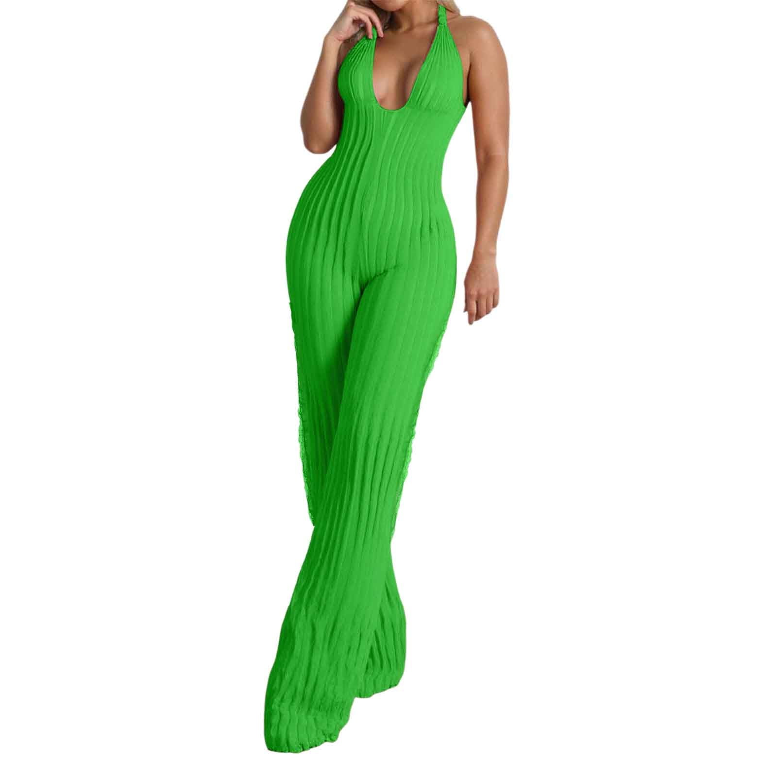 Wangmeiwg Women's Summer Casual Jumpsuit Sexy V Neck Pleated Wide Leg Long Pants Romper For ...