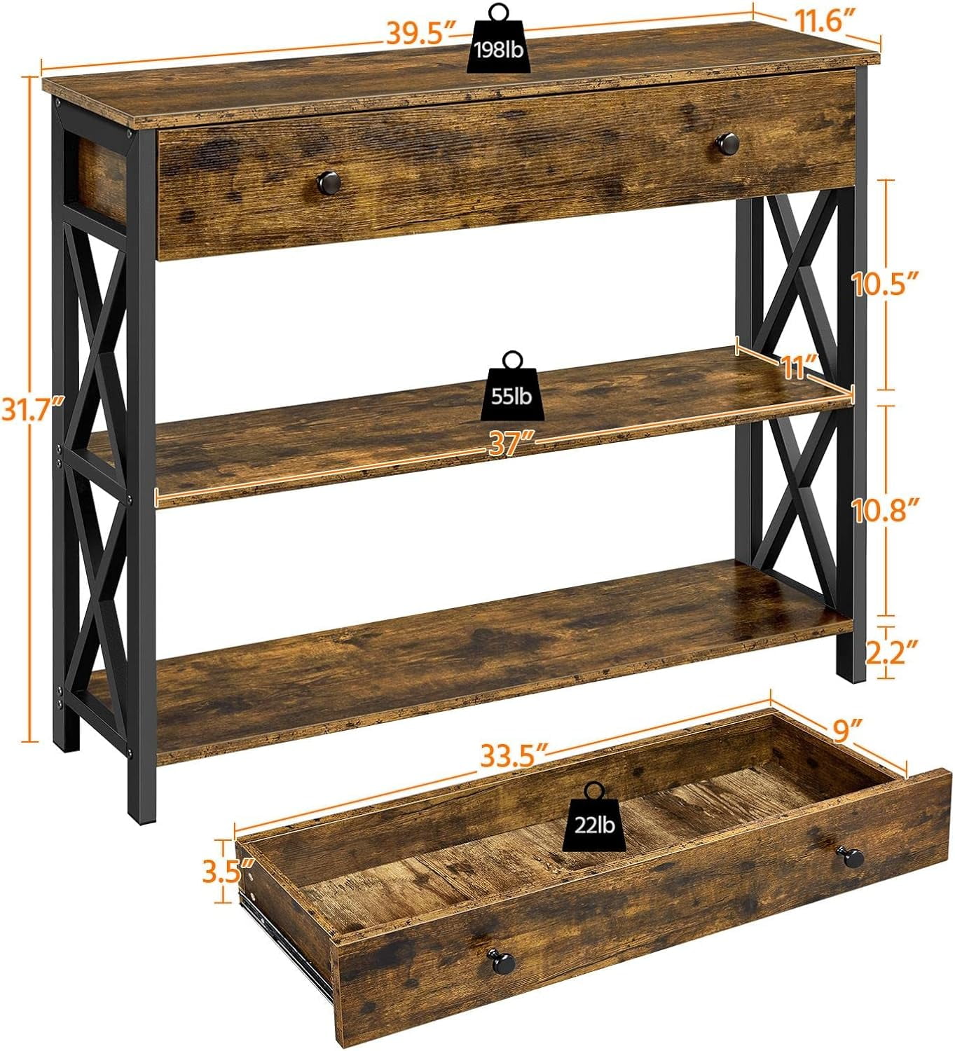 Wangood Console Table with Drawer, Entryway Table with 3 Tier Storage ...