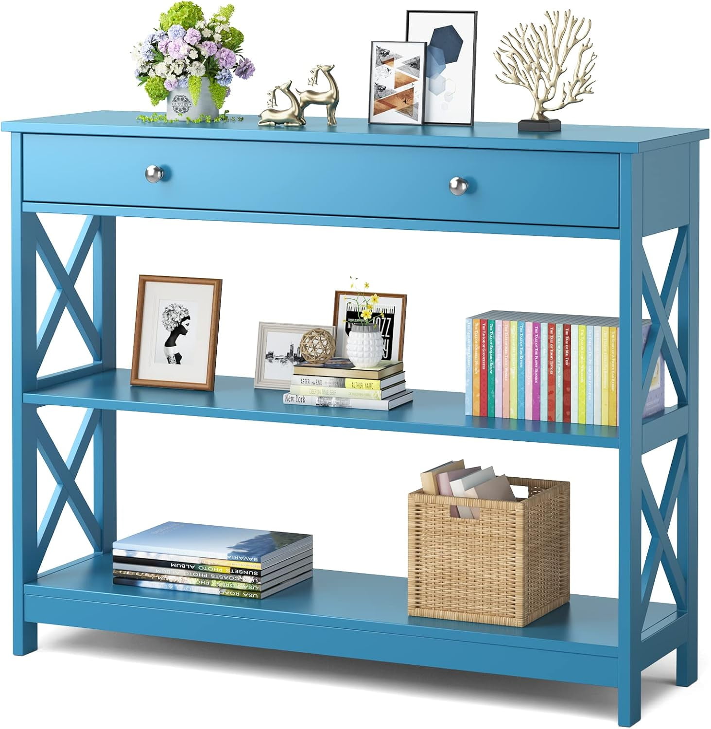 Wangood Console Table with Drawer and Storage Shelves, Narrow Sofa ...