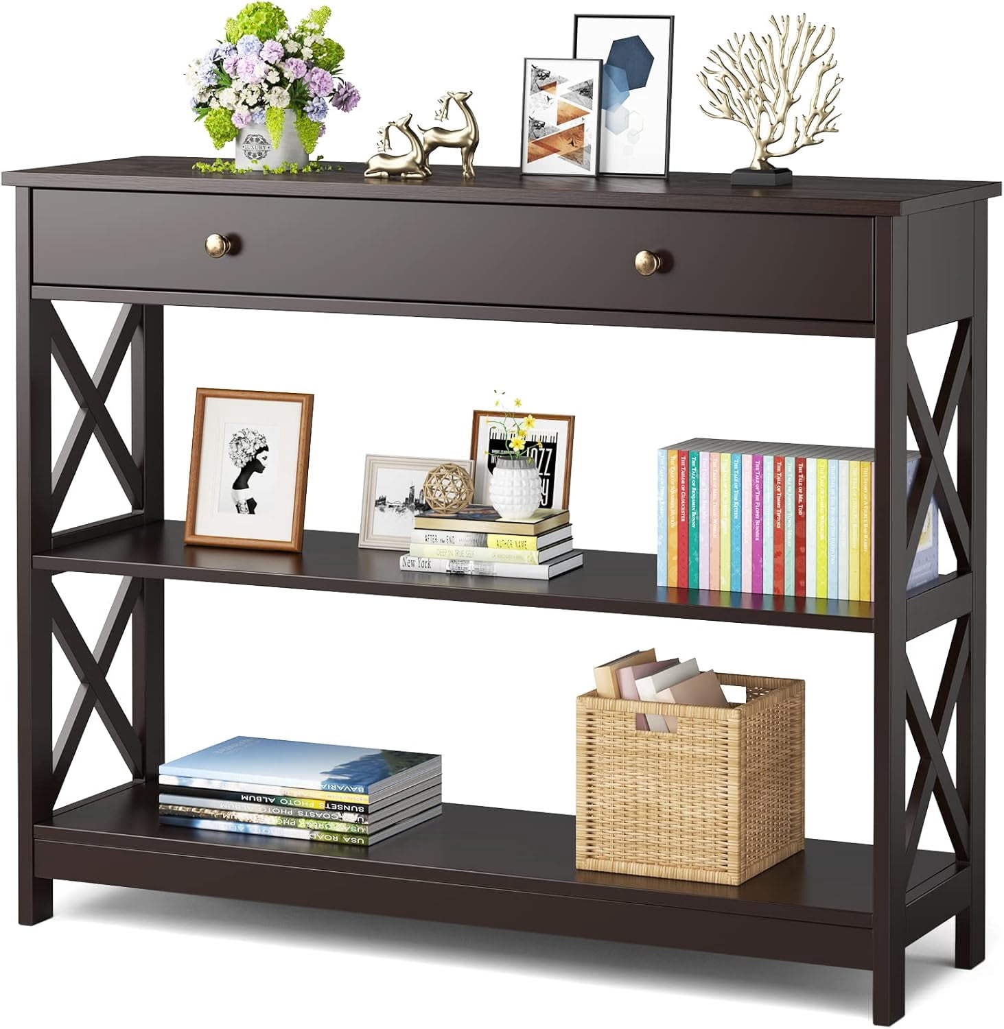Wangood Console Table with Drawer and Storage Shelves, Narrow Sofa ...
