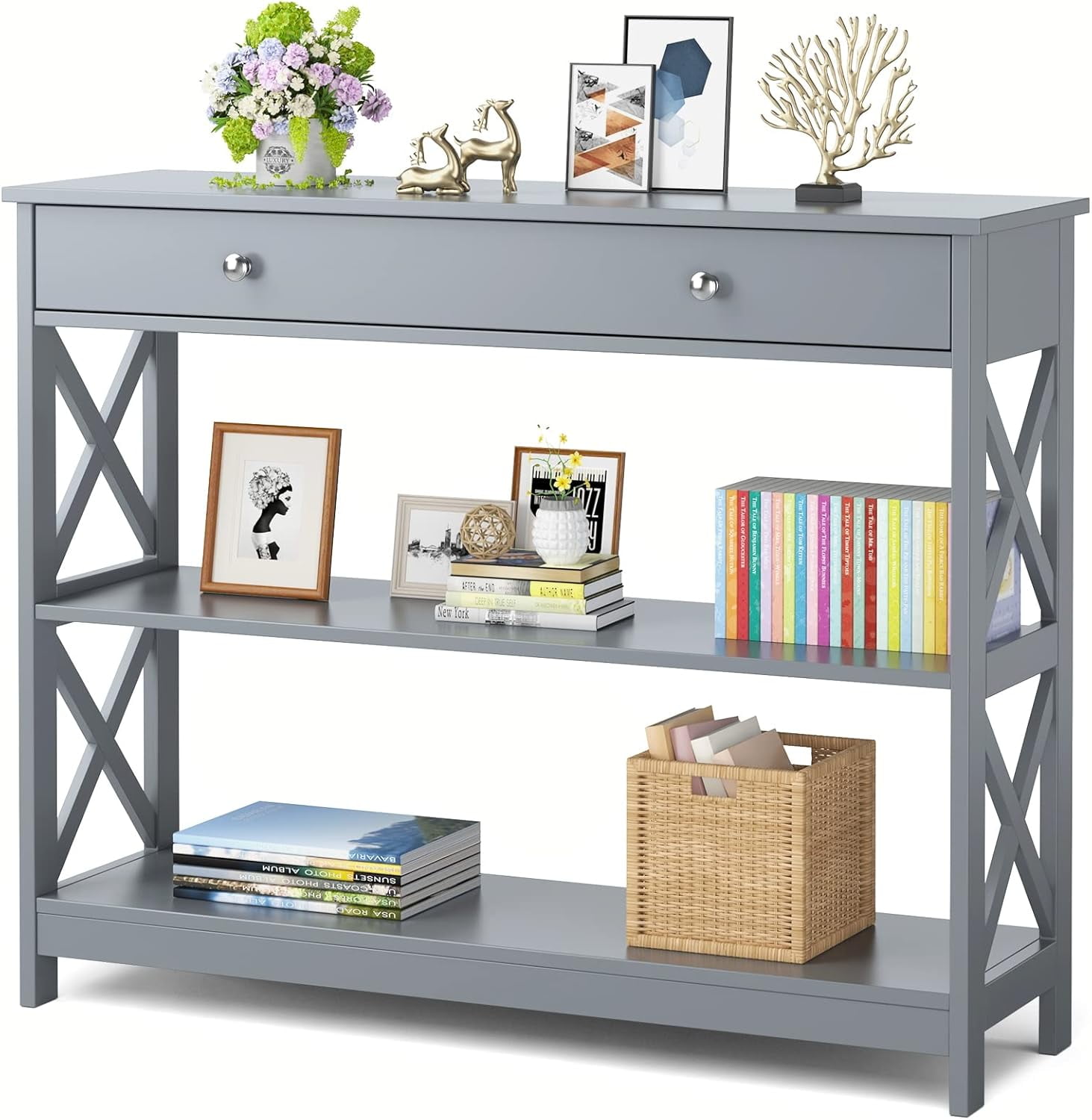 Wangood Console Table with Drawer and Storage Shelves, Narrow Sofa ...