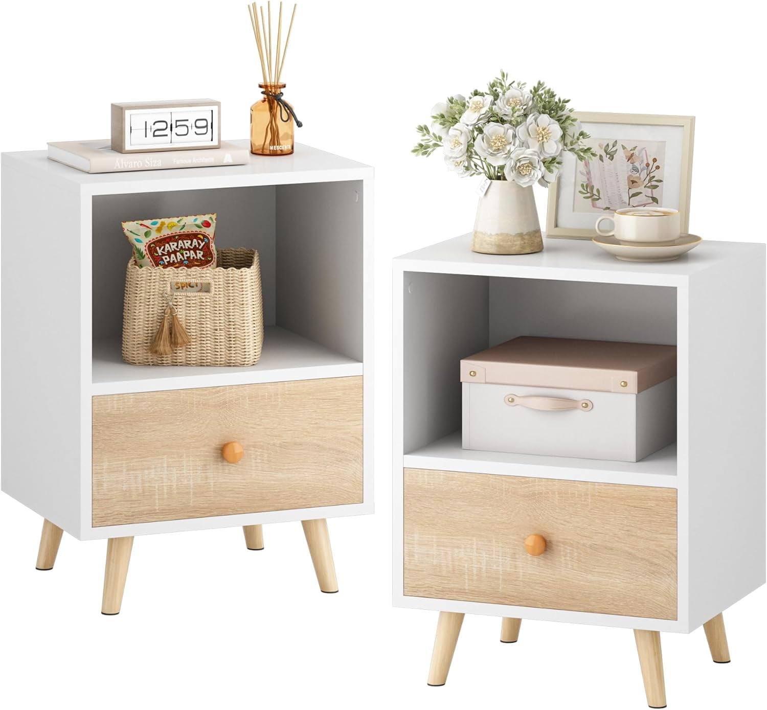 Wangood Nightstands Set of 2, Night Stand with Drawer and Open Storage ...