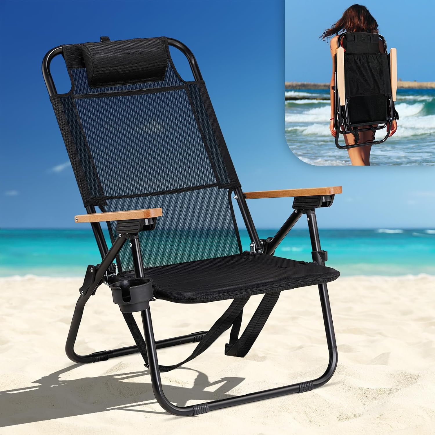Wangood Premium Lightweight Backpack Beach Chair with 4-Position, Cup ...