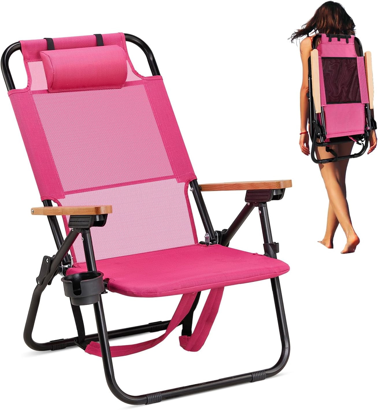 Wangood Premium Lightweight Backpack Beach Chair with 6-Position, Cup ...