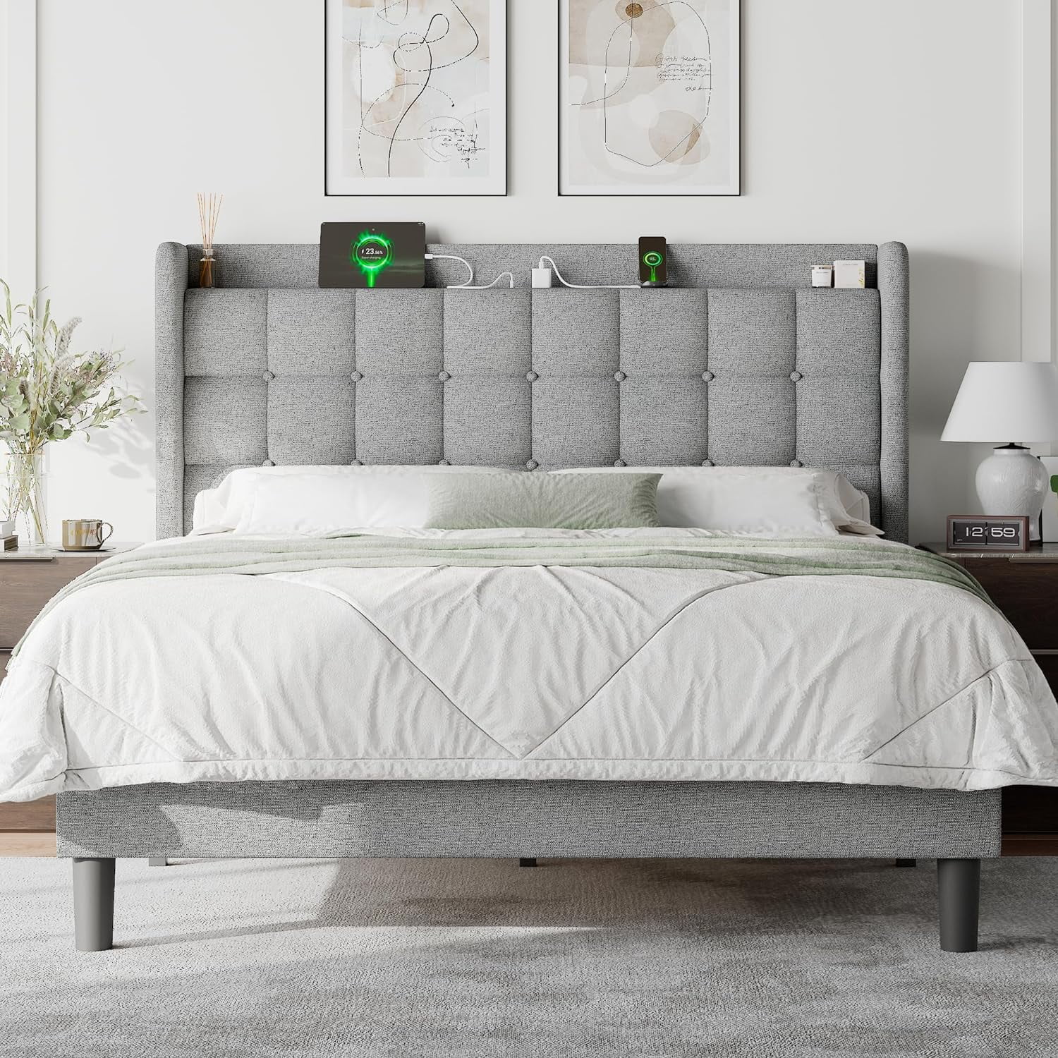 Wangxin Full Size Bed Frame with Charging Station, Upholstered Platform Bed Frame with Wingback ...