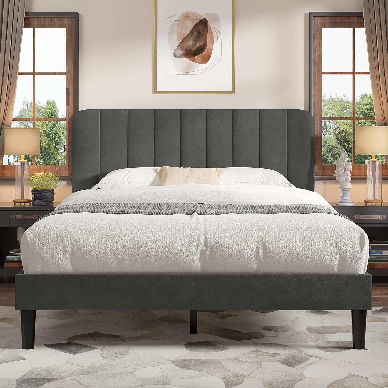 Wangxin Full Size Bed Frame with Upholstered Headboard, Velvet Platform ...