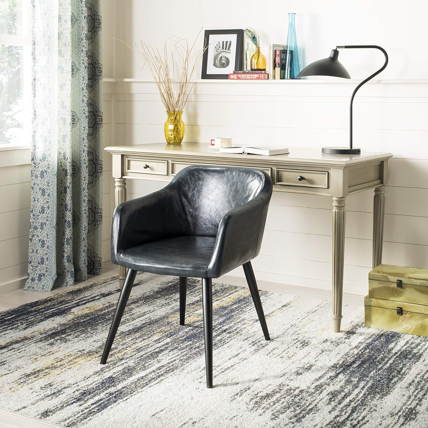 Wangxin Home Adalena Mid-Century Dark Grey Faux Leather and Black ...