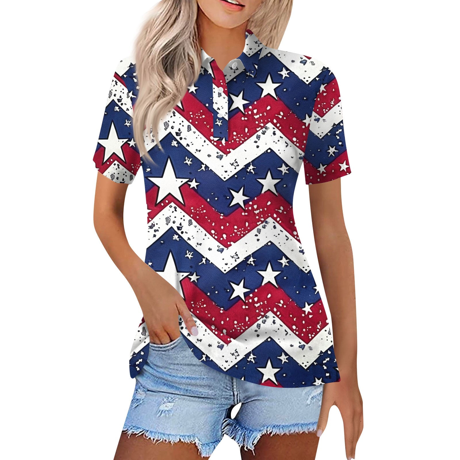 Wangxldd 4th Of July Golf Polo Shirts For Women American Flag Print