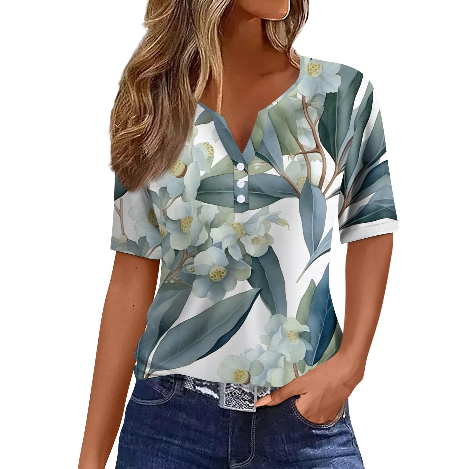 Wangxldd Plus Size Blouses For Women 2024 Vacation Trendy Henley Neck