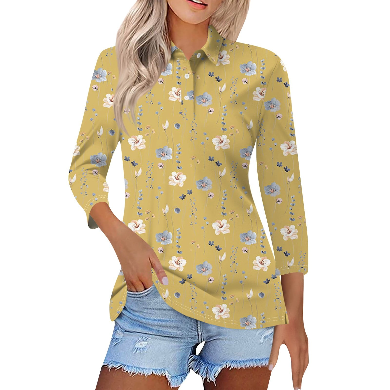 Wangxldd Women Orange Polo Shirts For Work Floral Print 3 4 Length