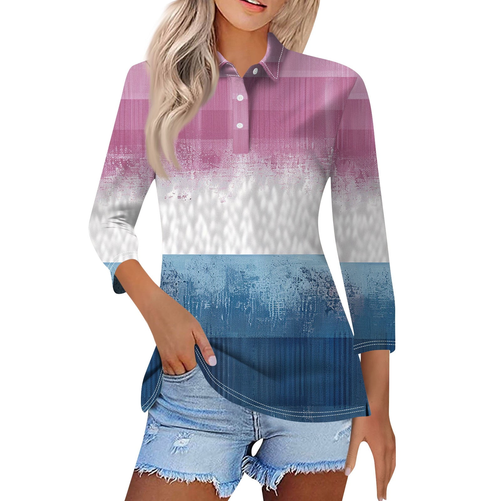 Wangxldd Womens Polo Shirts 3 4 Length Sleeve Lapel Tees Buttons