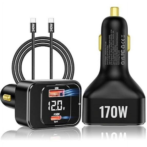 Wanhoo 170W PD3.1 Car Charger with LED Voltage Display, USB-C Cigarette ...