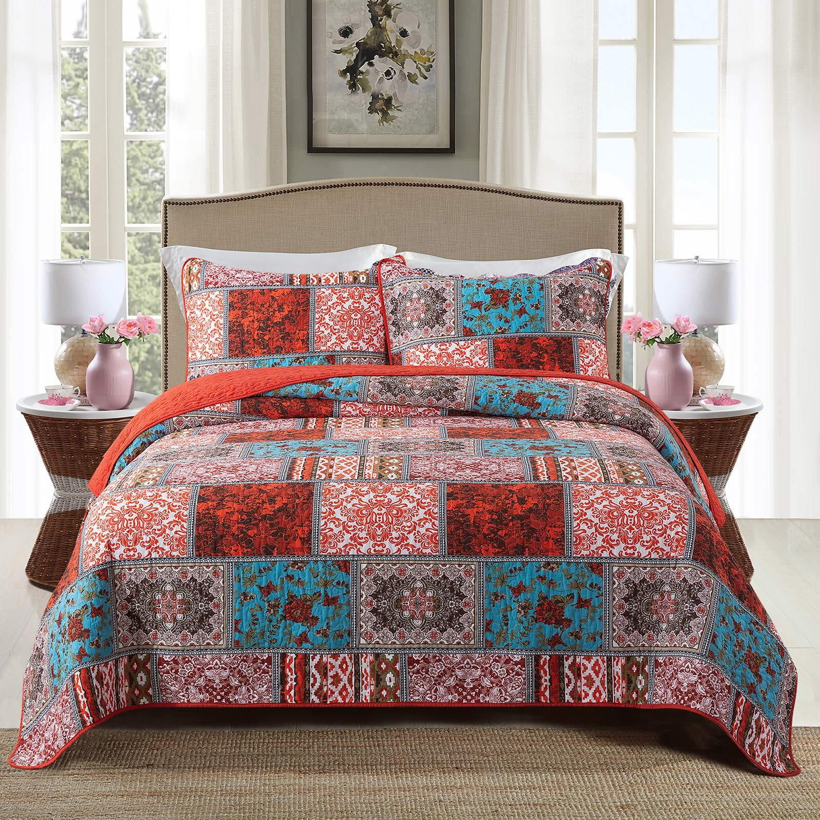 WannaToo Quilt Queen Size Comforter Cotton Bedding Set With Shams, Blue ...