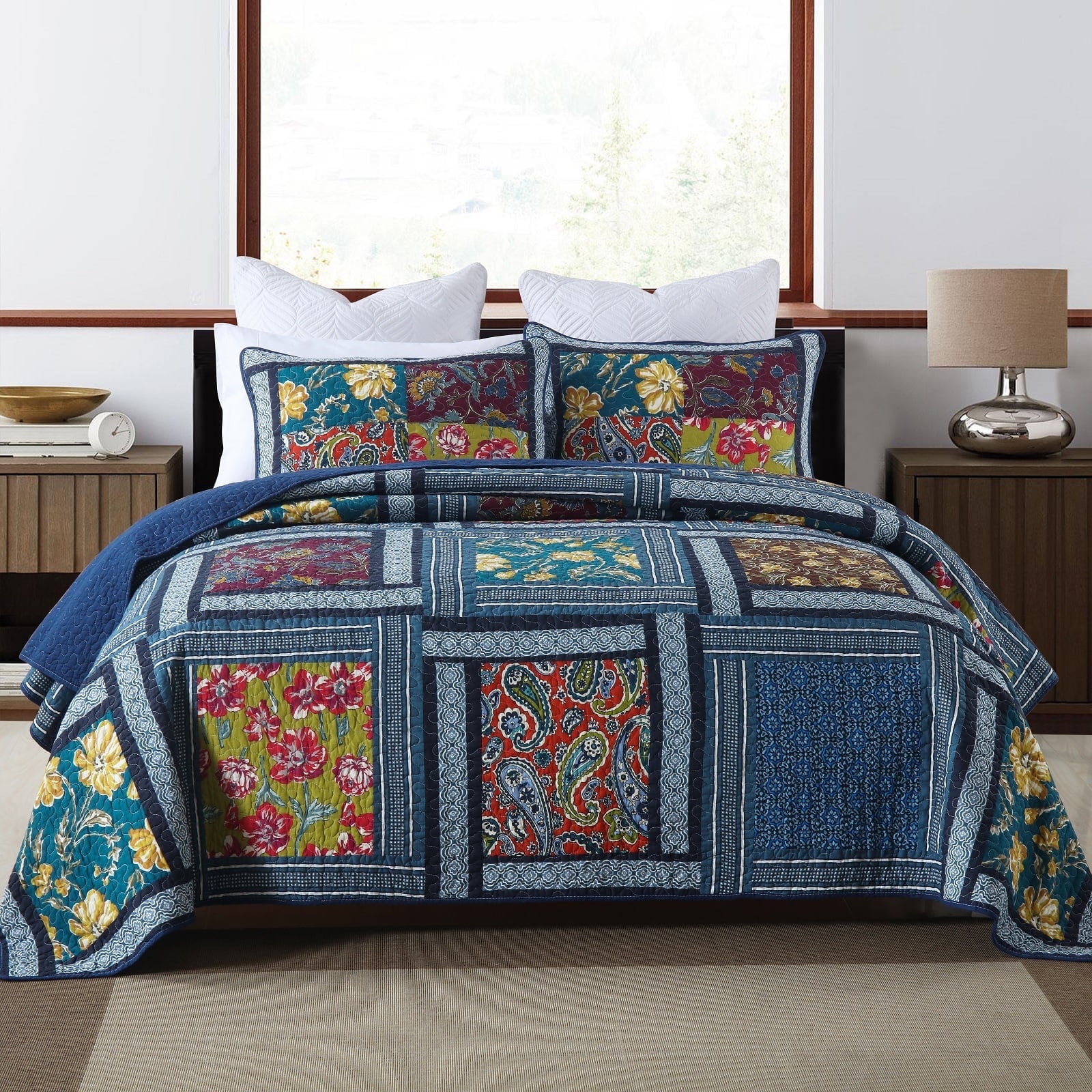 WannaToo Cotton Bedspread Quilt Set for All Season, Navy Blue Patchwork ...
