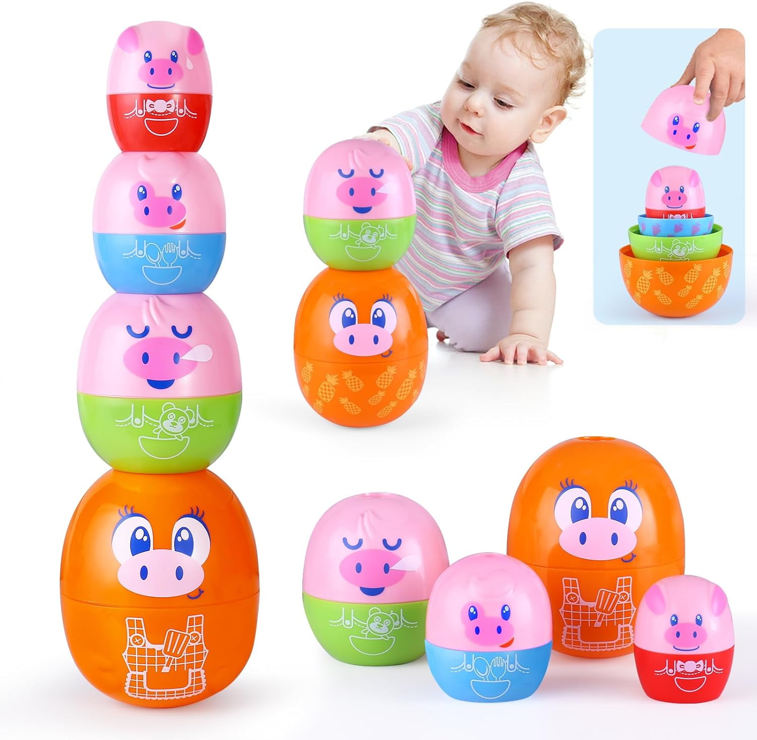 Wanonoo Toddler Pig Nesting Stacking Eggs Toys, Baby Toys for Toddlers 6+ Months, 8PCS Color ...