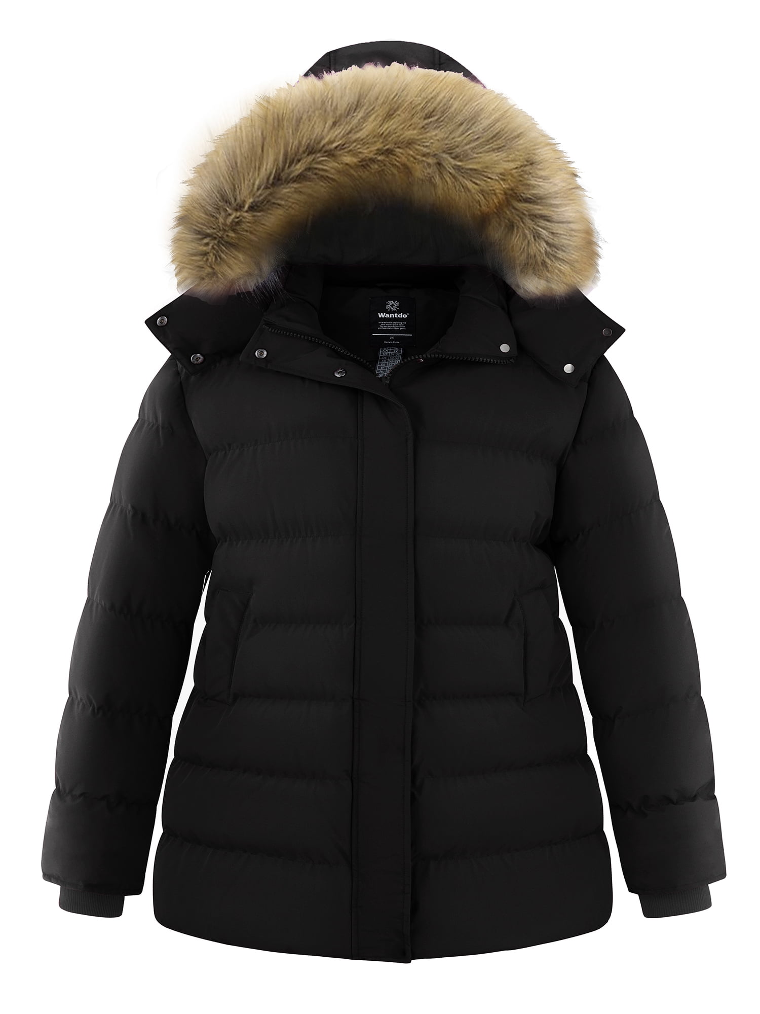 Wantdo Women's Plus Size Warm Winter Puffer Coat with Hood, Black, 2X ...