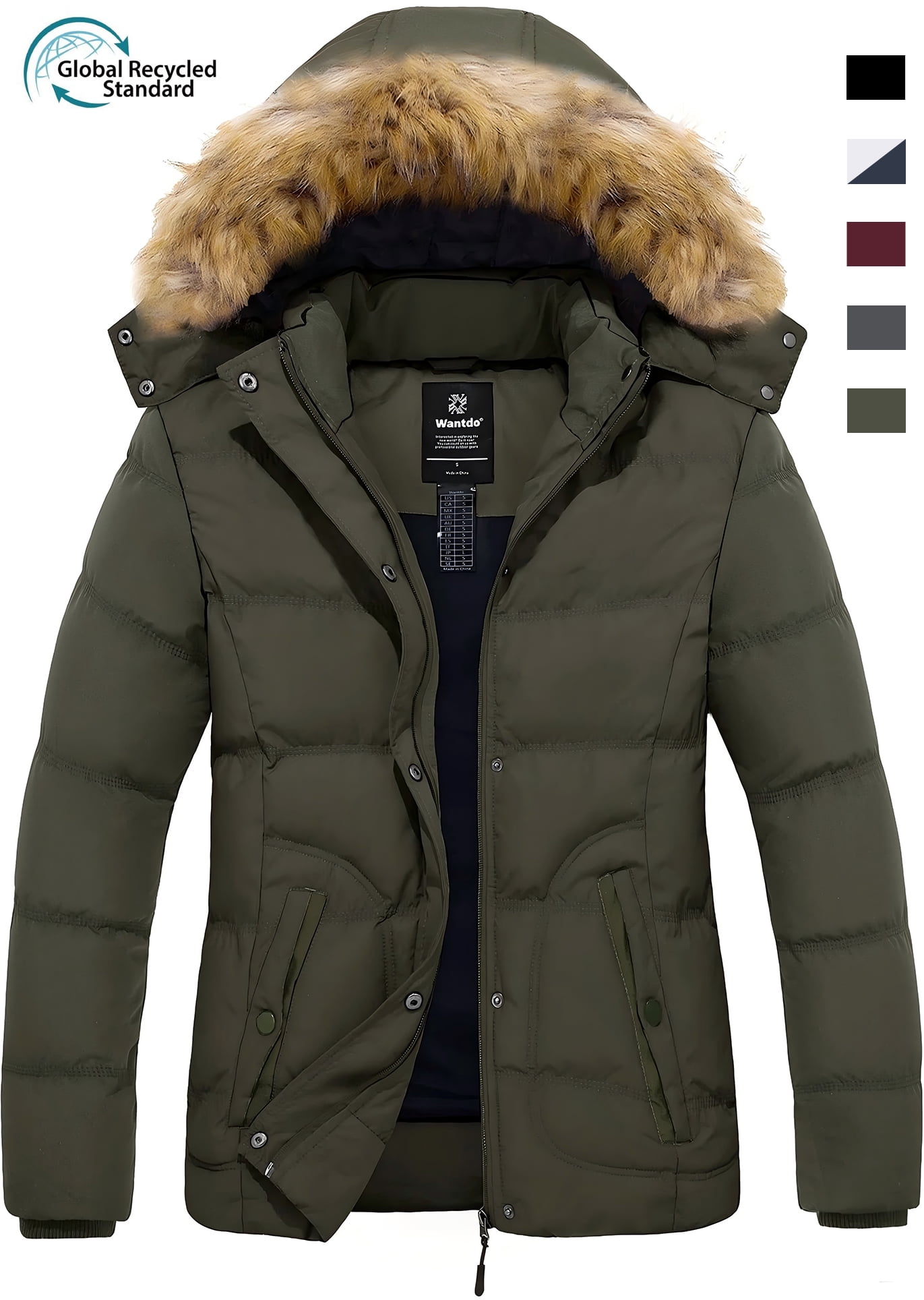 Wantdo Women's Warm Winter Puffer Jacket with Hood, Waterproof, Army ...