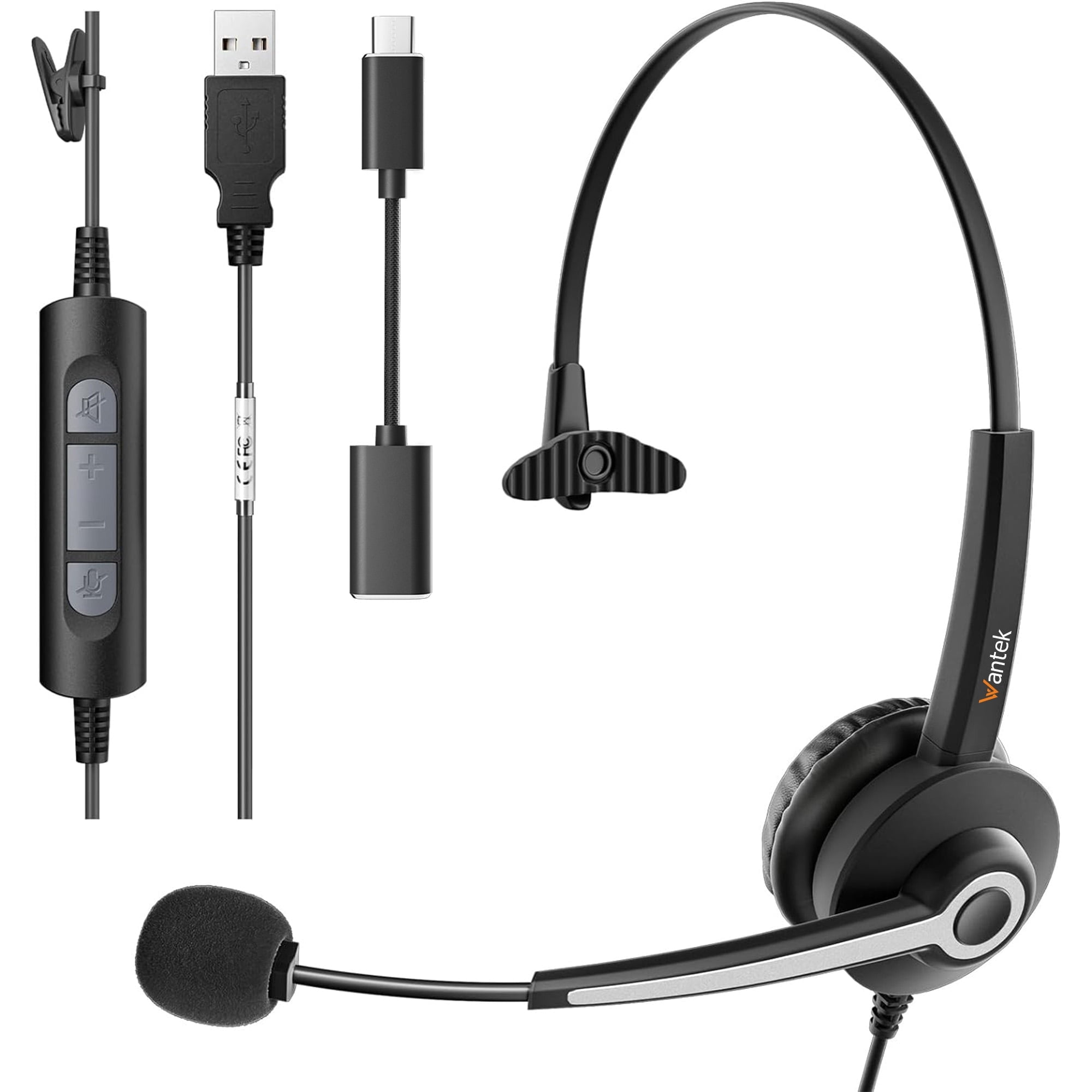 Wantek Monaural Corded Type C USB Headsets with Noise Cancelling Mic ...